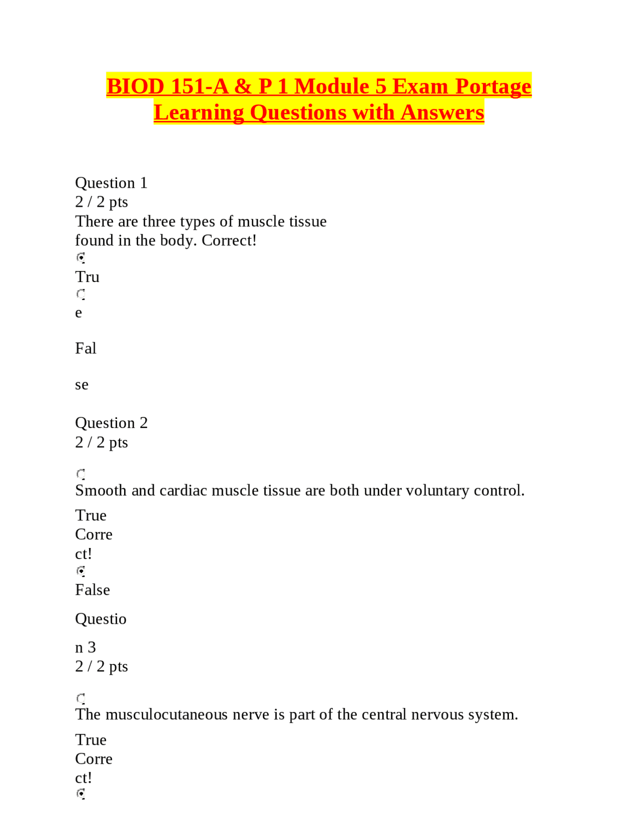 BIOD 151-A & P 1 Module 5 Exam Portage Learning Questions with Answers ...