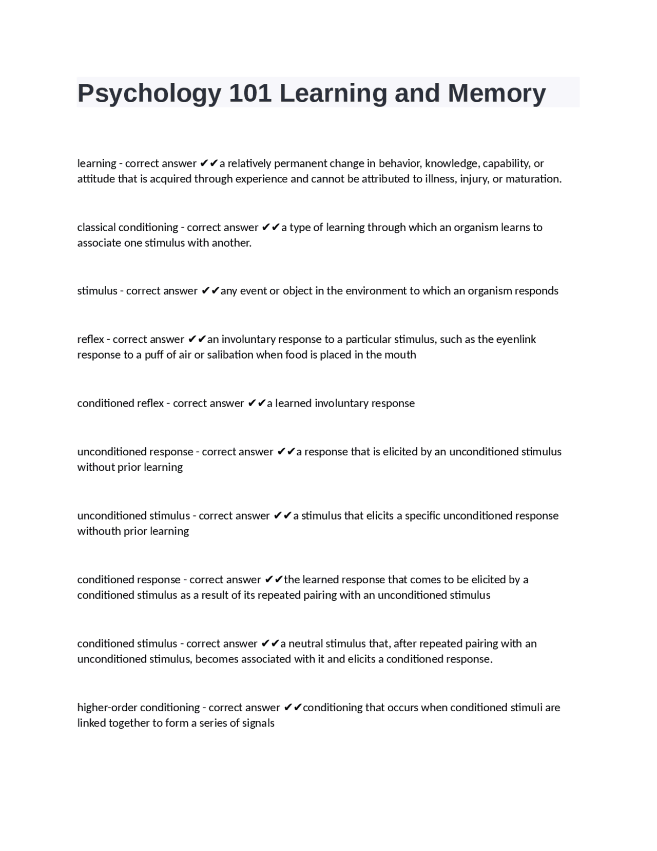 Psychology 101 Learning and Memory with correct answers graded A+ ...