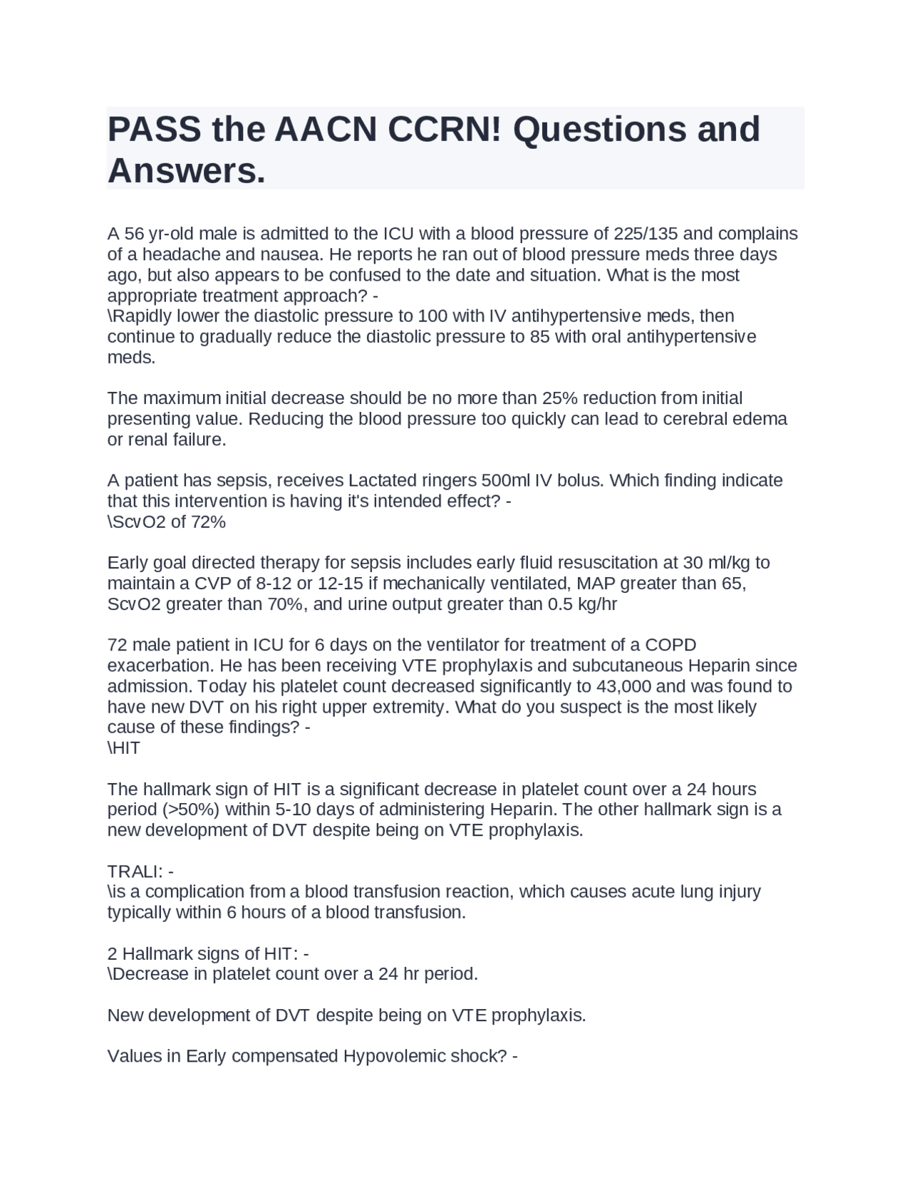 PASS the AACN CCRN! Questions and Answers. | Exams Nursing | Docsity