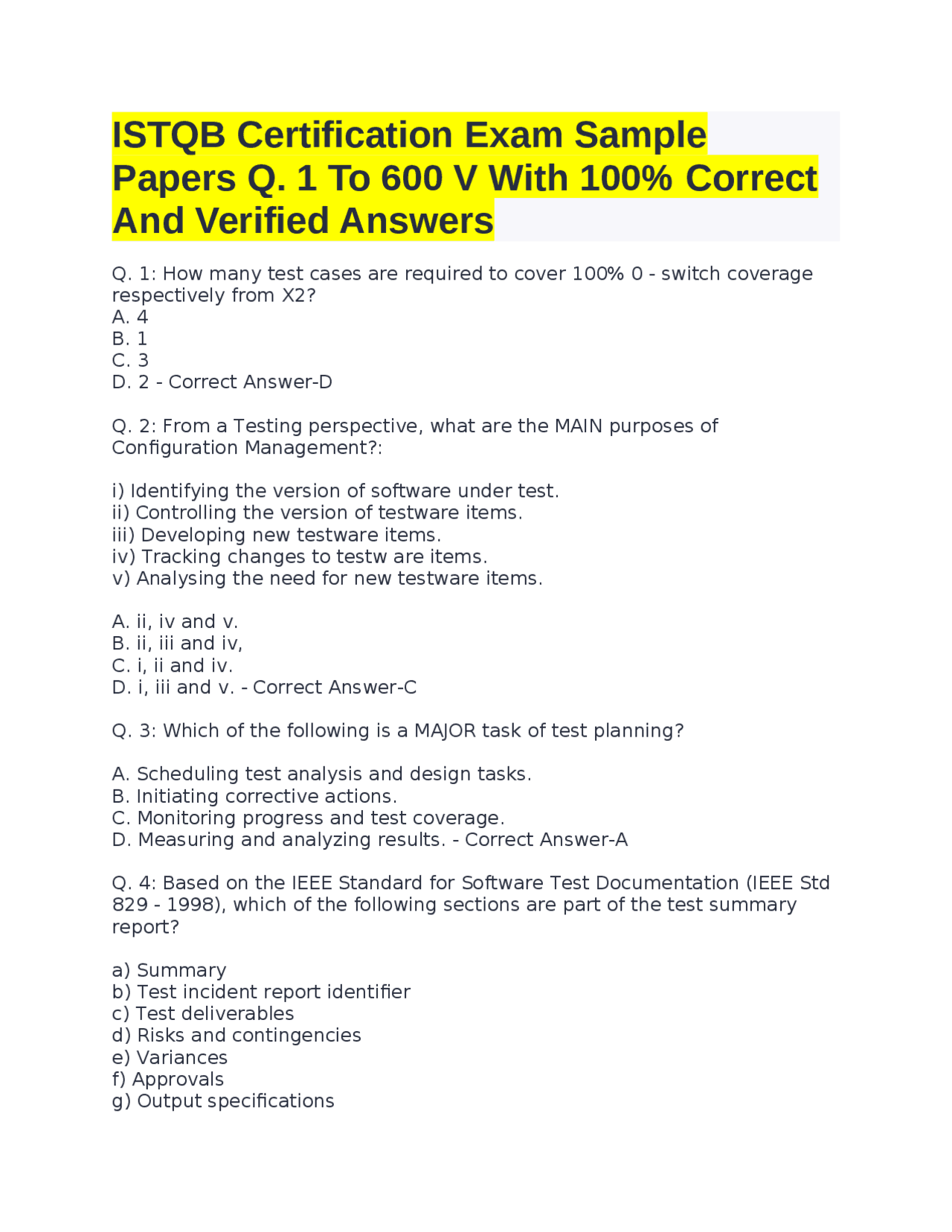 ISTQB Certification Exam Sample Papers Q. 1 To 600 V With 100% Correct ...