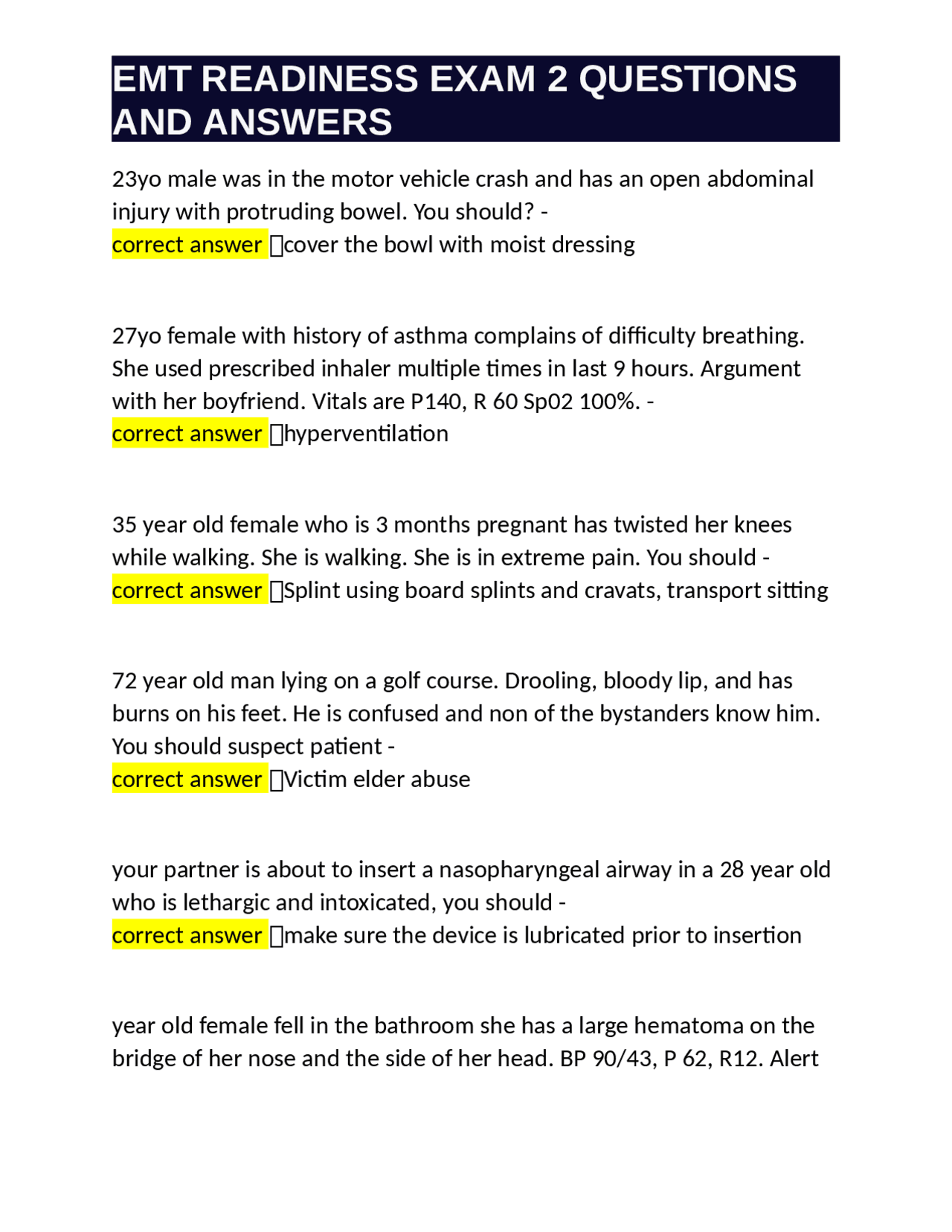 EMT READINESS EXAM 2 QUESTIONS AND ANSWERS | Exams Medicine | Docsity