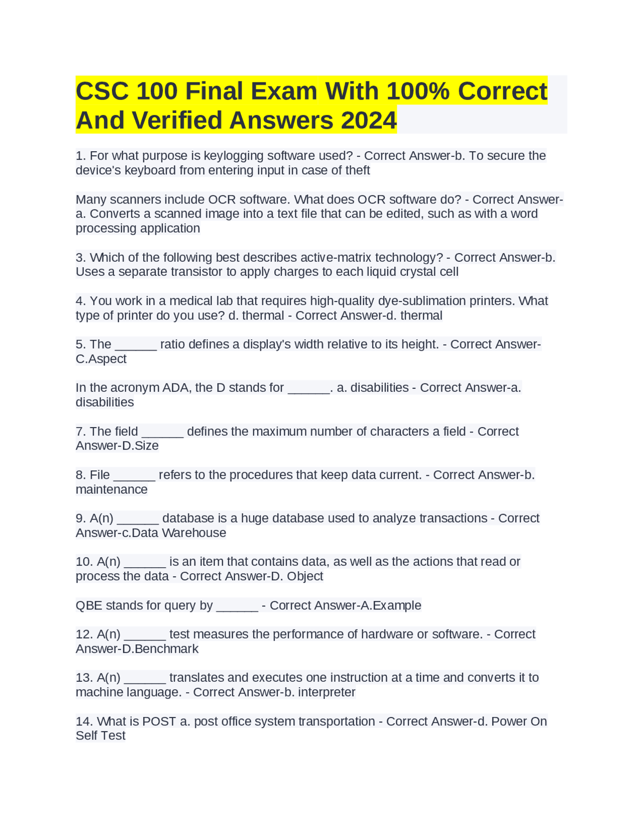 CSC 100 Final Exam With 100% Correct And Verified Answers 2024 | Exams Advanced Education | Docsity