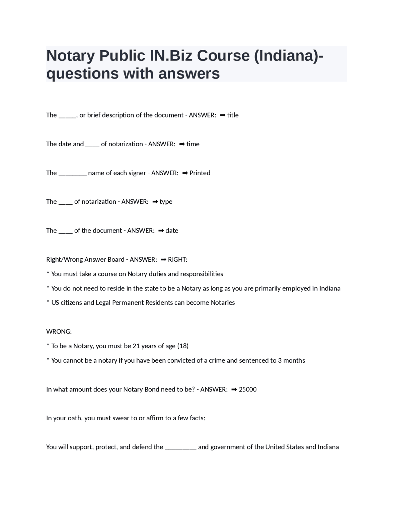 Notary Public IN.Biz Course (Indiana)-questions with answers | Exams ...