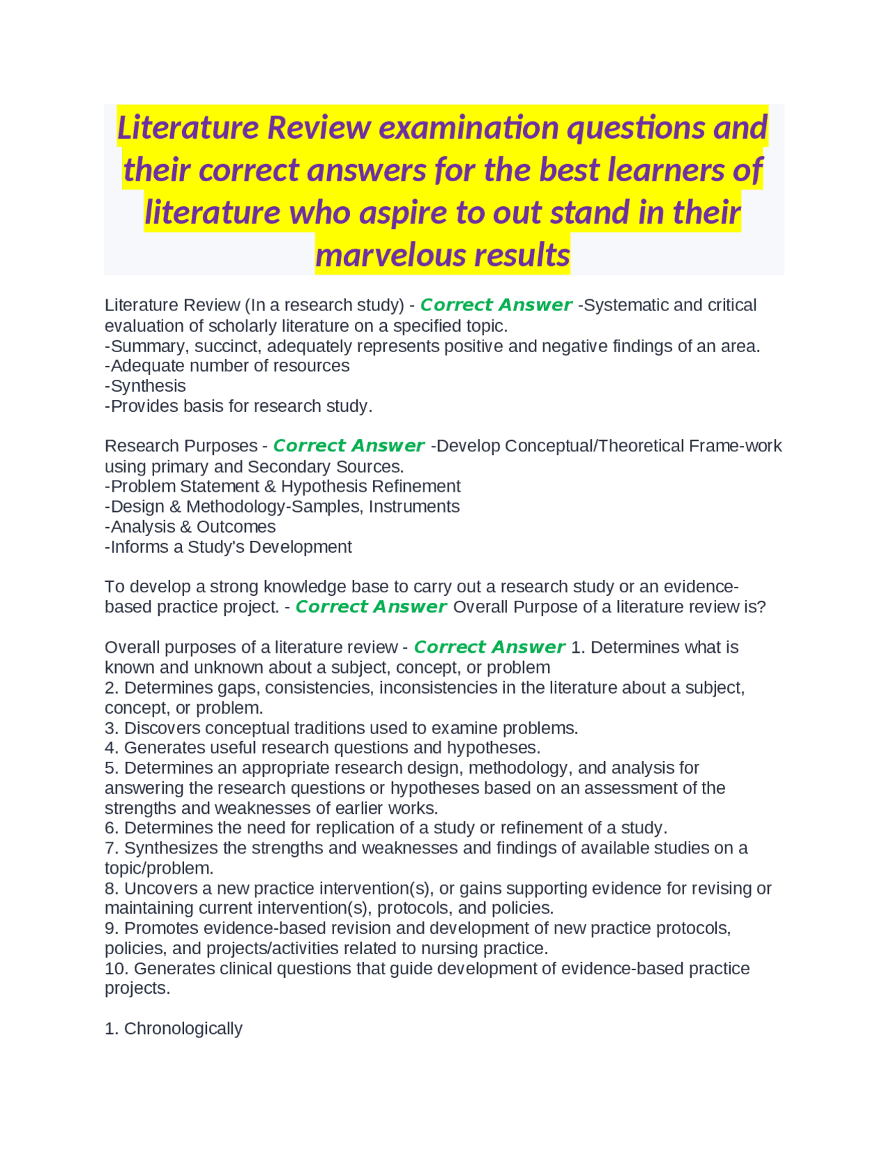 Literature Review examination questions and their correct answers for the best learners of ...