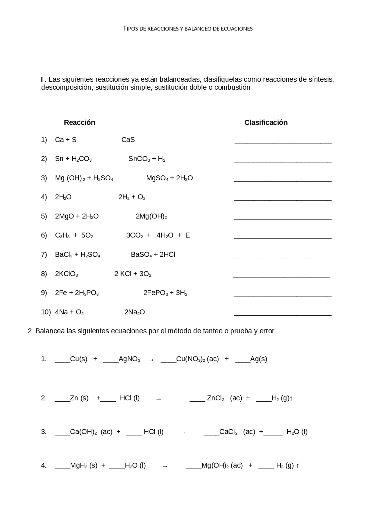 TIPOS DE REACCIONES Y BALANCEO DE ECUACIONES | Ejercicios de Química ...