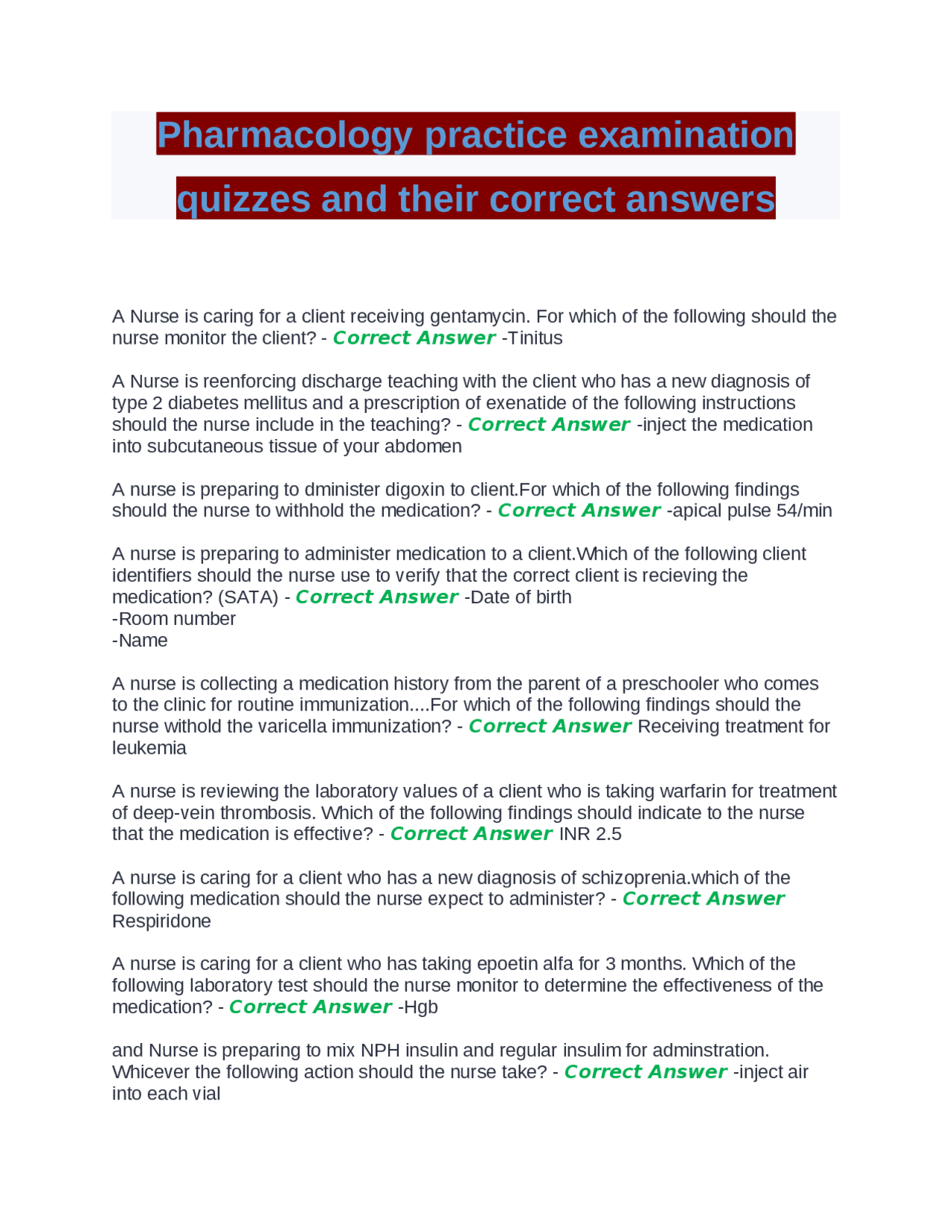 Pharmacology practice examination quizzes and their correct answers ...