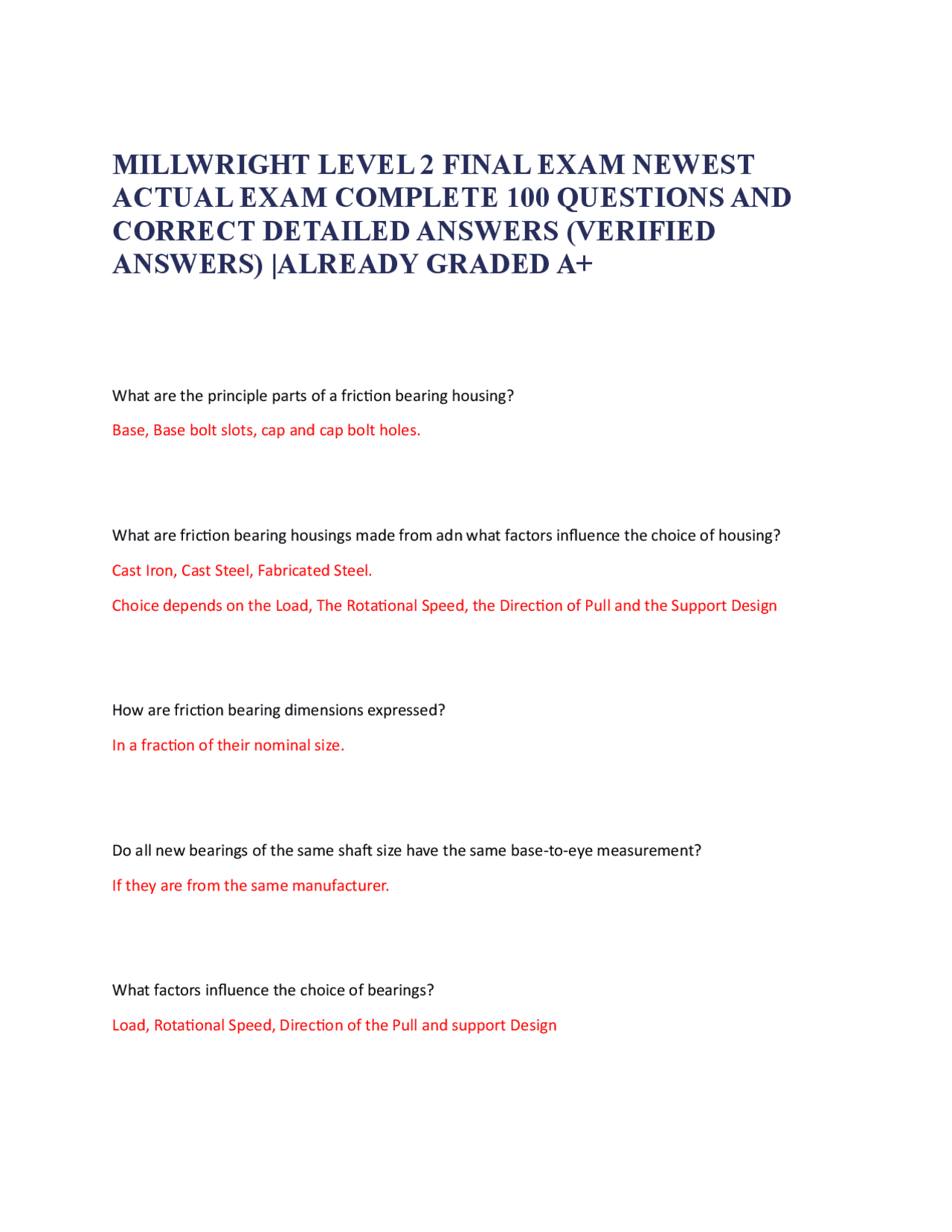 MILLWRIGHT LEVEL 2 FINAL EXAM NEWEST ACTUAL EXAM COMPLETE | Exams ...