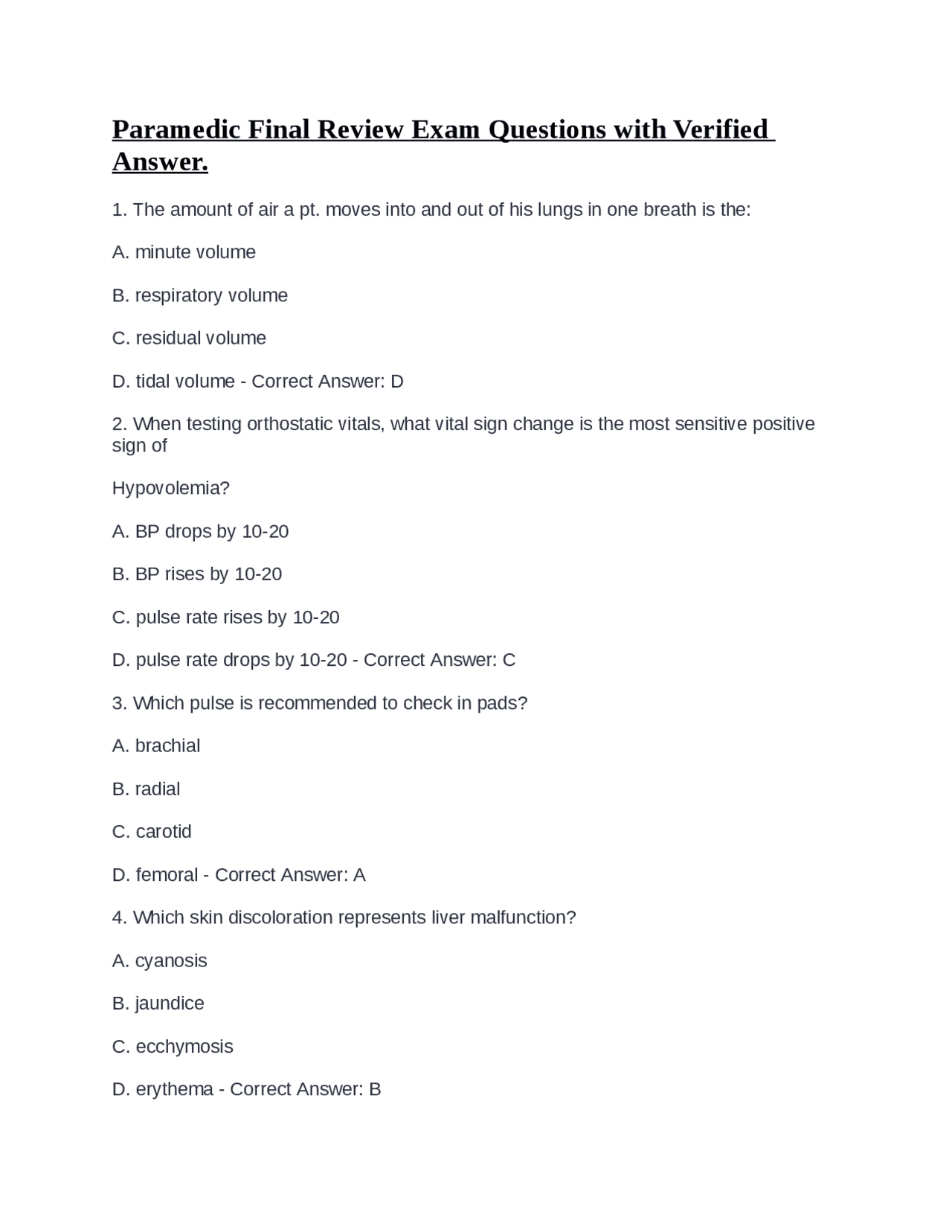 Paramedic Final Review Exam Questions with Verified Answer. | Exams ...