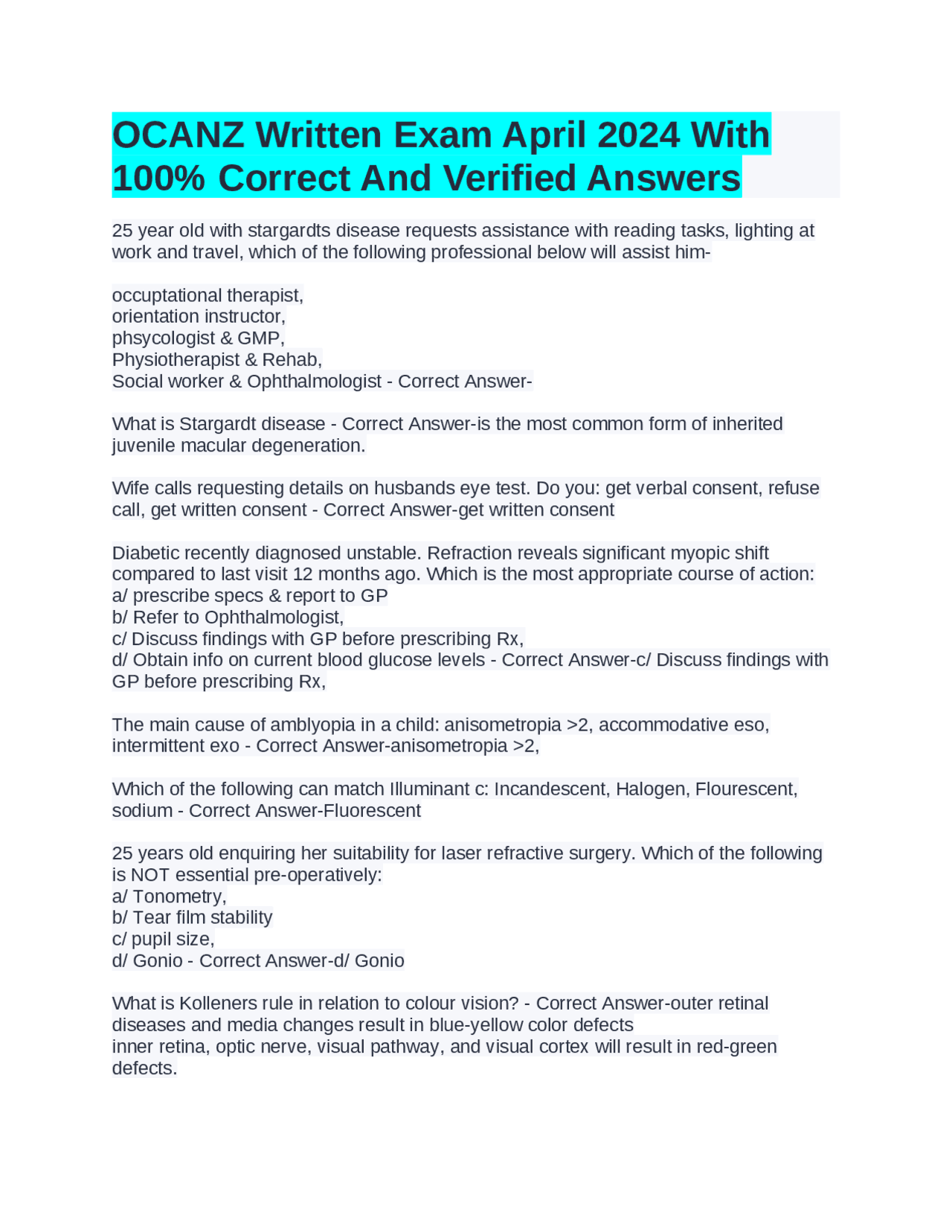 OCANZ Written Exam April 2024 With 100% Correct And Verified Answers | Exams Advanced Education ...