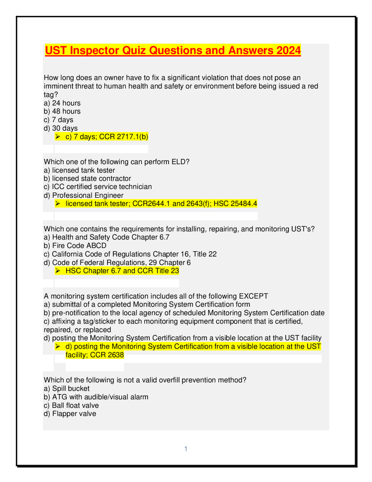 UST Inspector Quiz Questions and Answers 2024 | Exams Nursing | Docsity