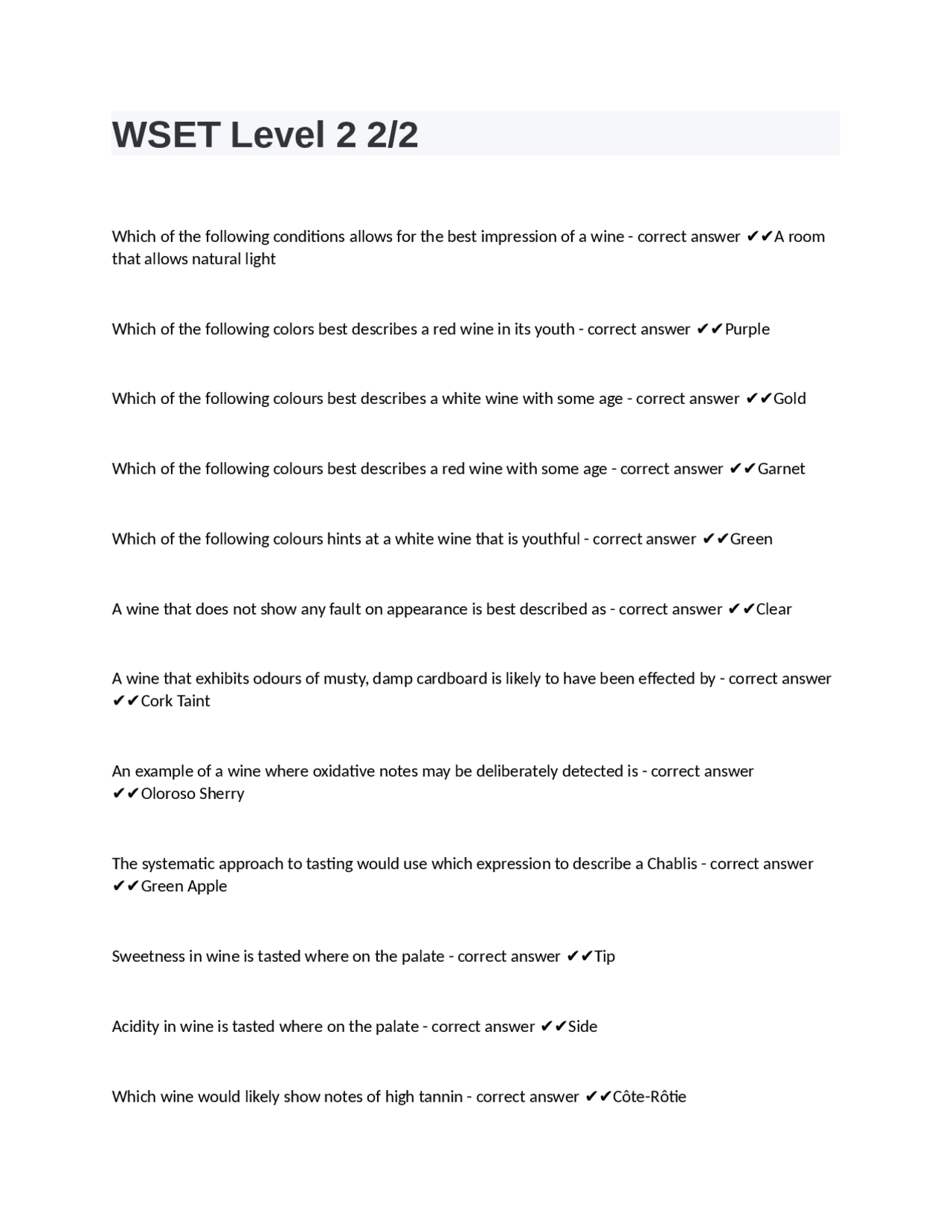 WSET Level 2 2/2 with 100% correct answers | Exams Nursing | Docsity