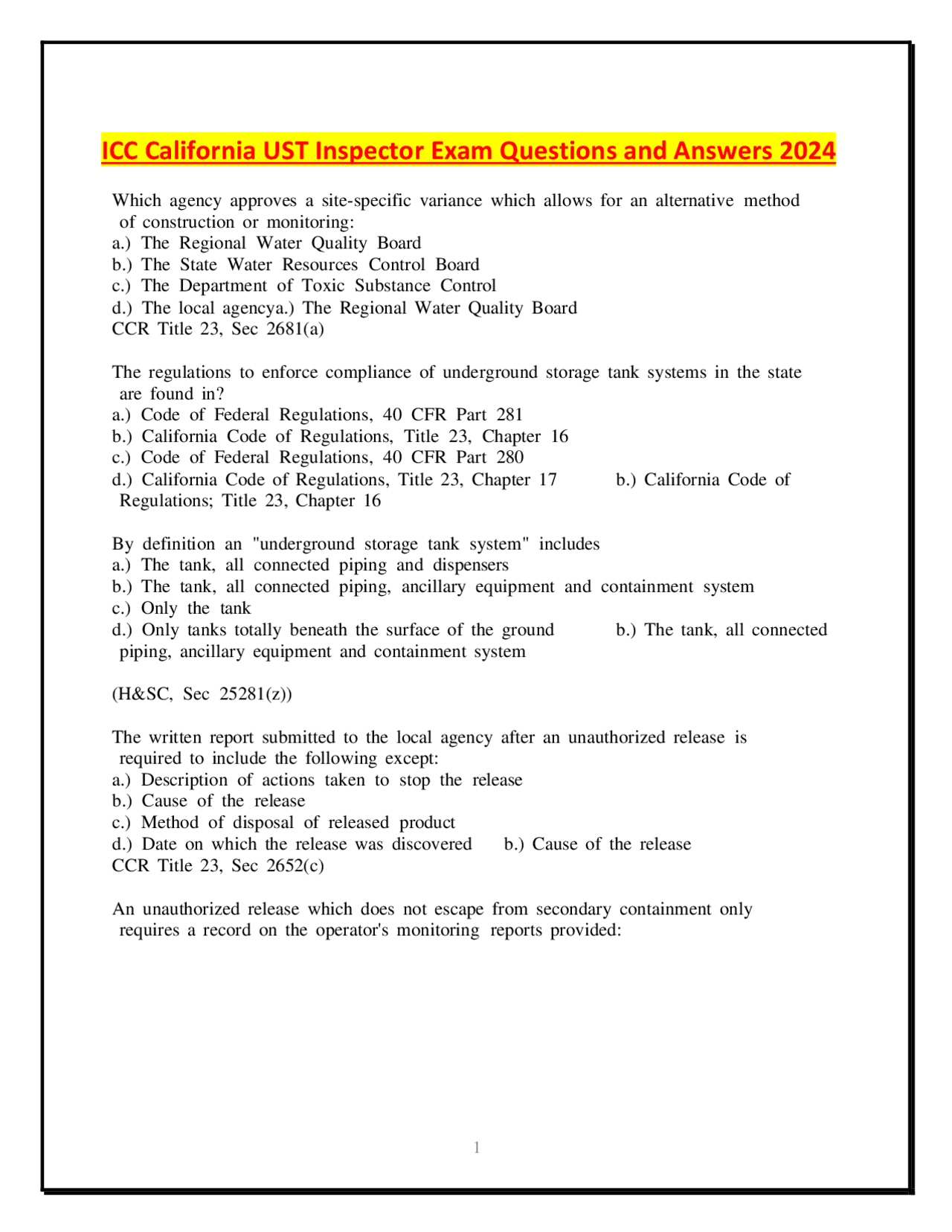 ICC California UST Inspector Exam Questions and Answers 2024 | Exams ...