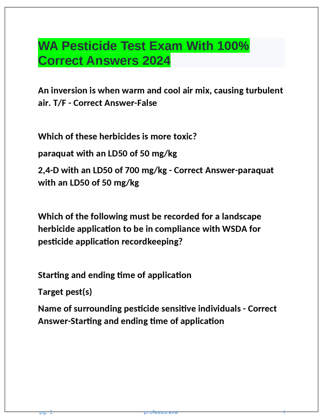 WA Pesticide Test Exam With 100% Correct Answers 2024 | Exams Advanced ...