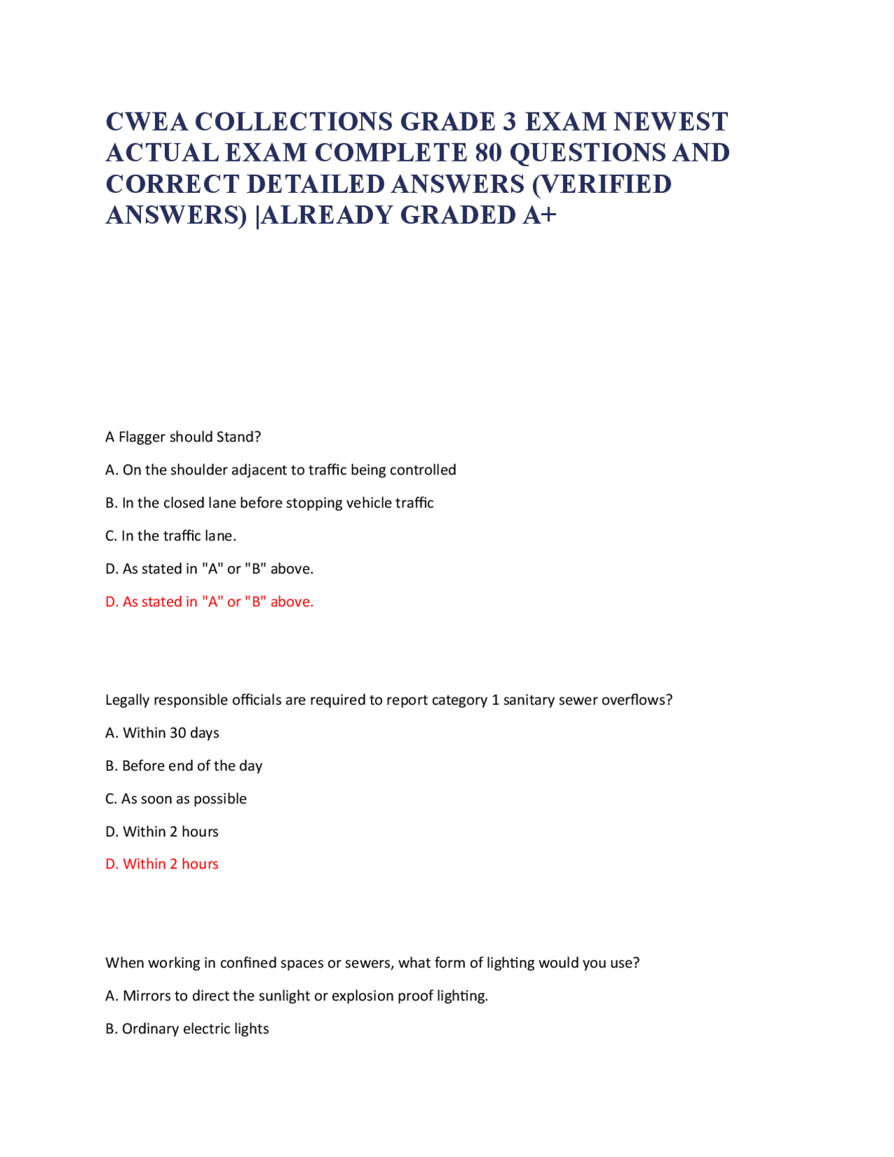 CWEA COLLECTIONS GRADE 3 EXAM NEWEST ACTUAL EXAM COMPLETE 80 QUESTIONS ...