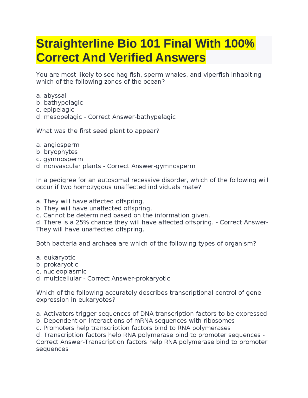 Straighterline Bio 101 Final With 100% Correct And Verified Answers ...