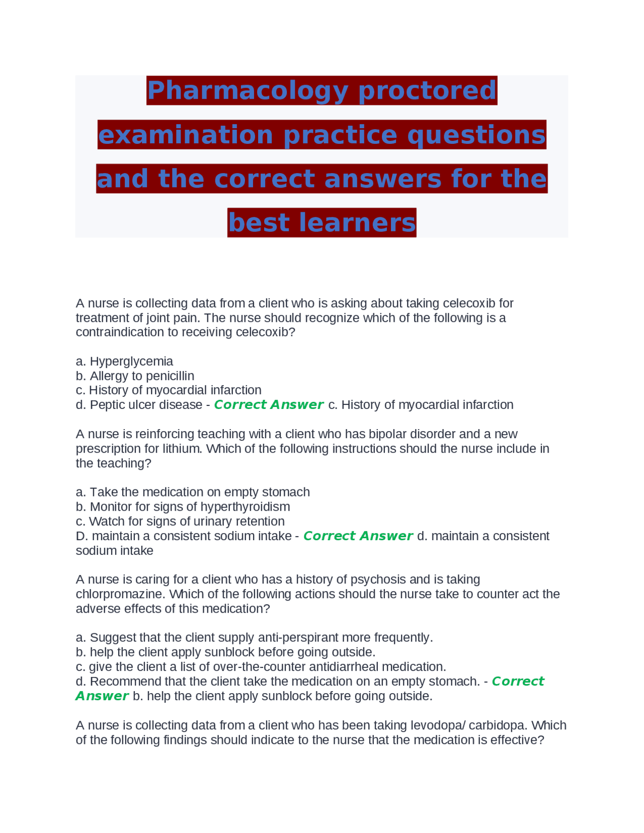 Pharmacology proctored examination practice questions and the correct ...