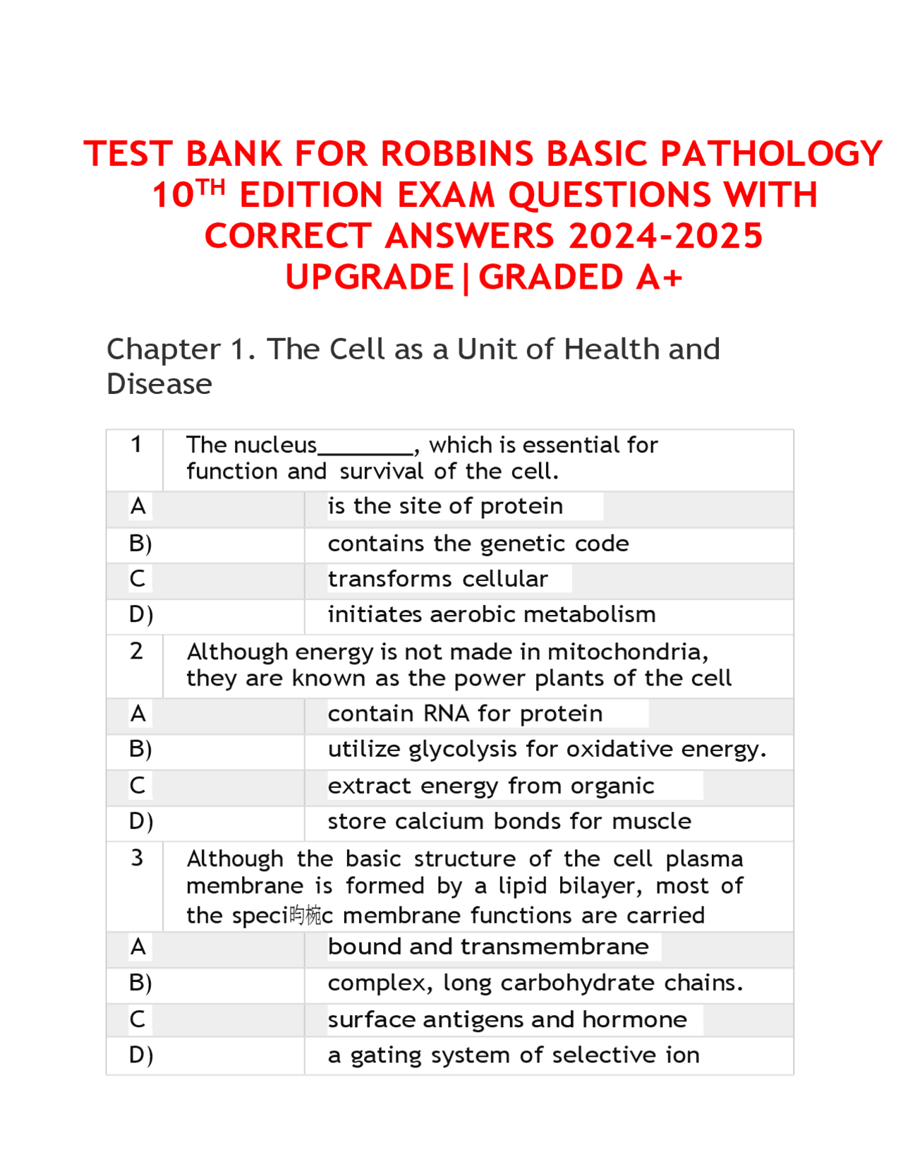 TEST BANK FOR ROBBINS BASIC PATHOLOGY 10TH EDITION EXAM QUESTIONS WITH ...