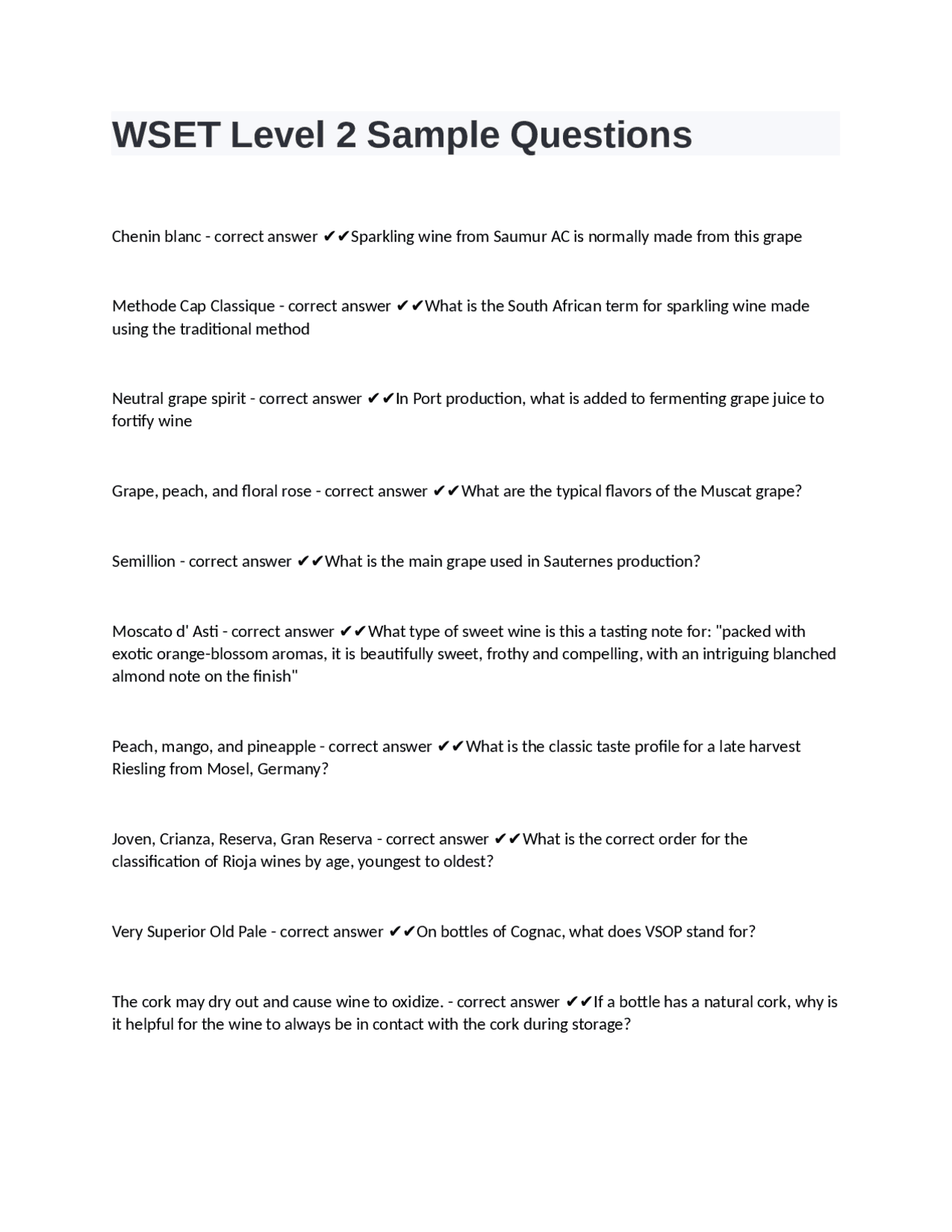 WSET Level 2 Sample Questions with correct answers | Exams Nursing ...