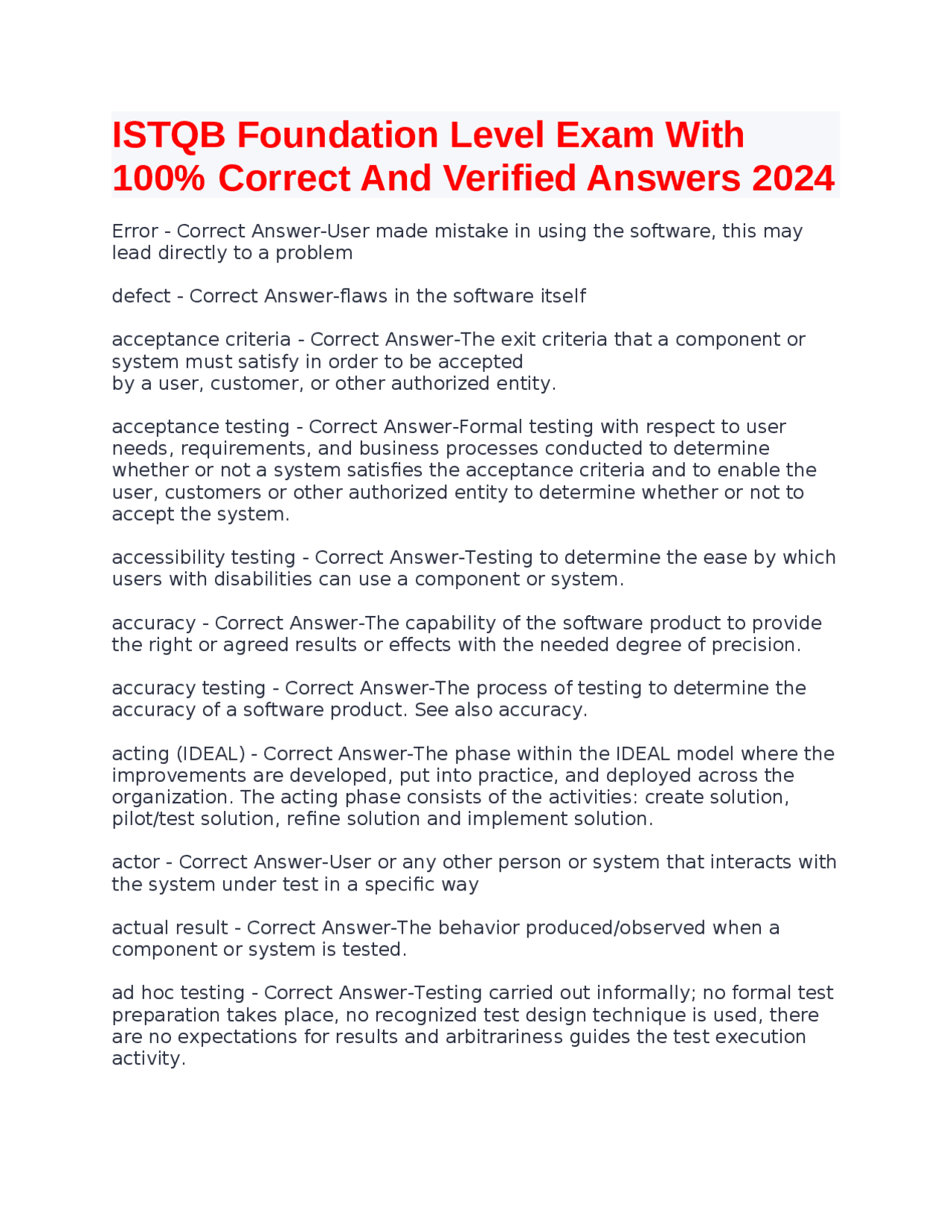 ISTQB Foundation Level Exam With 100% Correct And Verified Answers 2024 | Exams Advanced ...