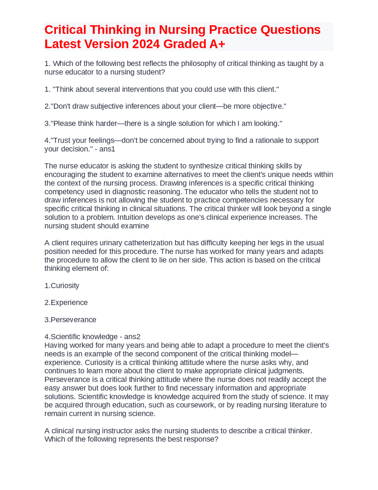 Critical Thinking in Nursing Practice Questions Latest Version 2024 ...