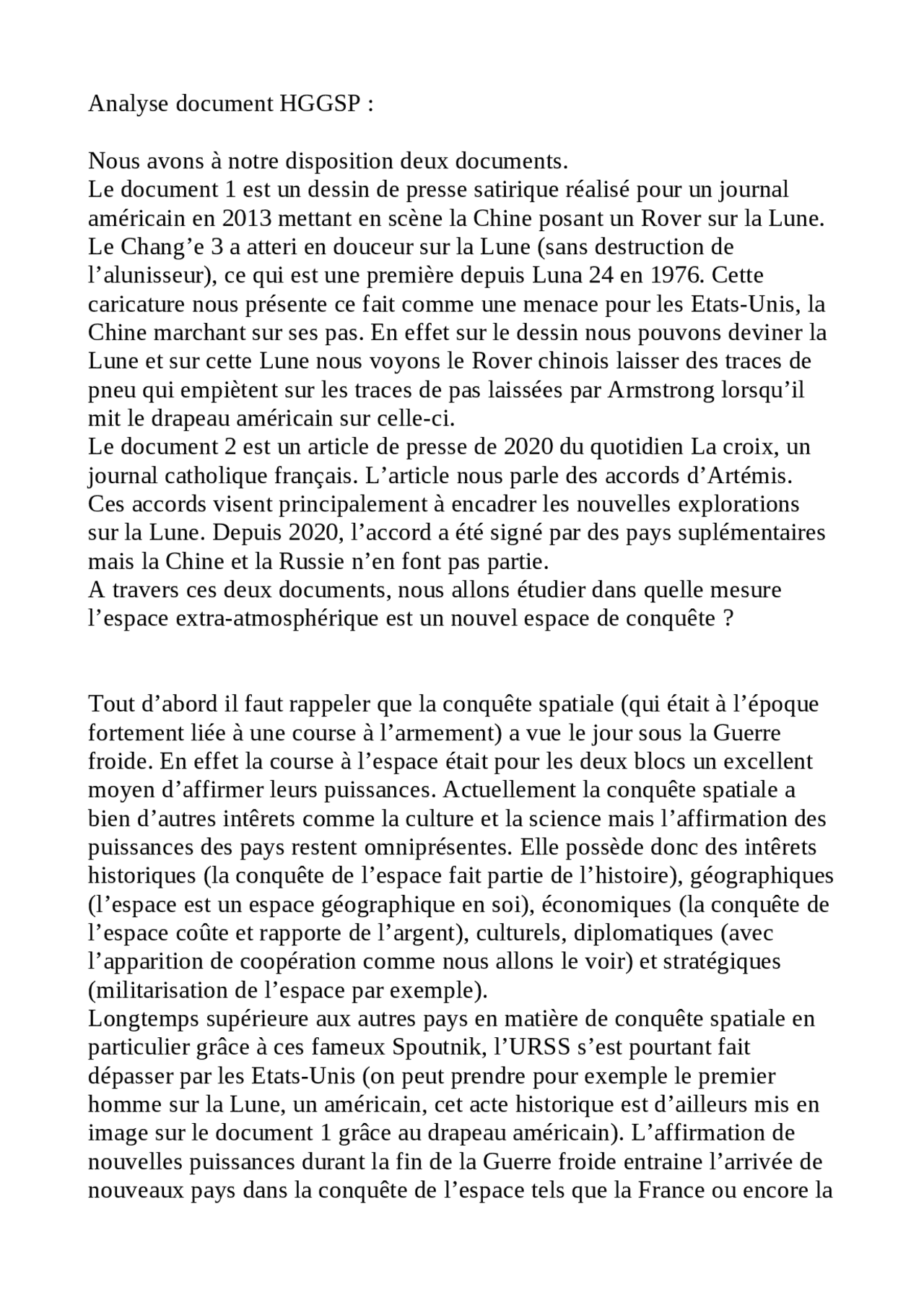 Etude critique de document HGGSP L’espace extra-atmosphérique, nouvel espace de conquête ...
