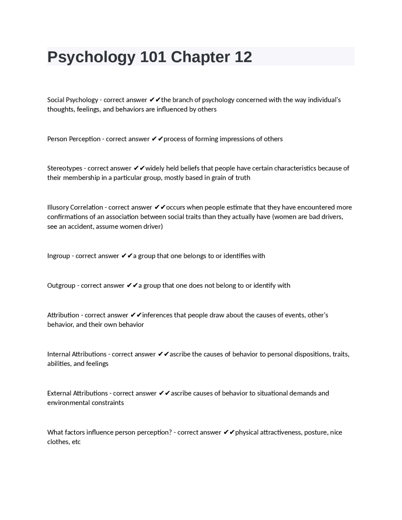 Psychology 101 Chapter 12 Correctly Answered Exams Nursing Docsity