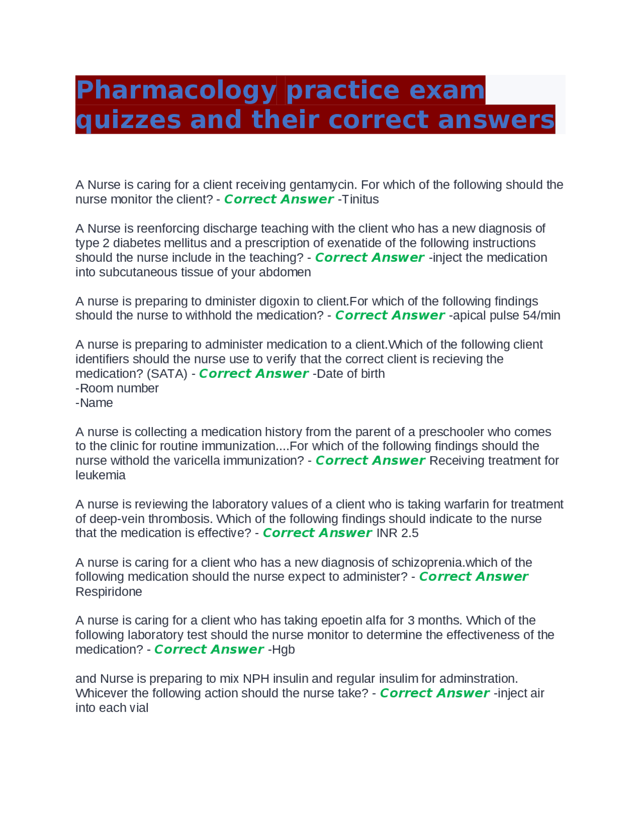 Pharmacology practice exam quizzes and their correct answers | Exams ...