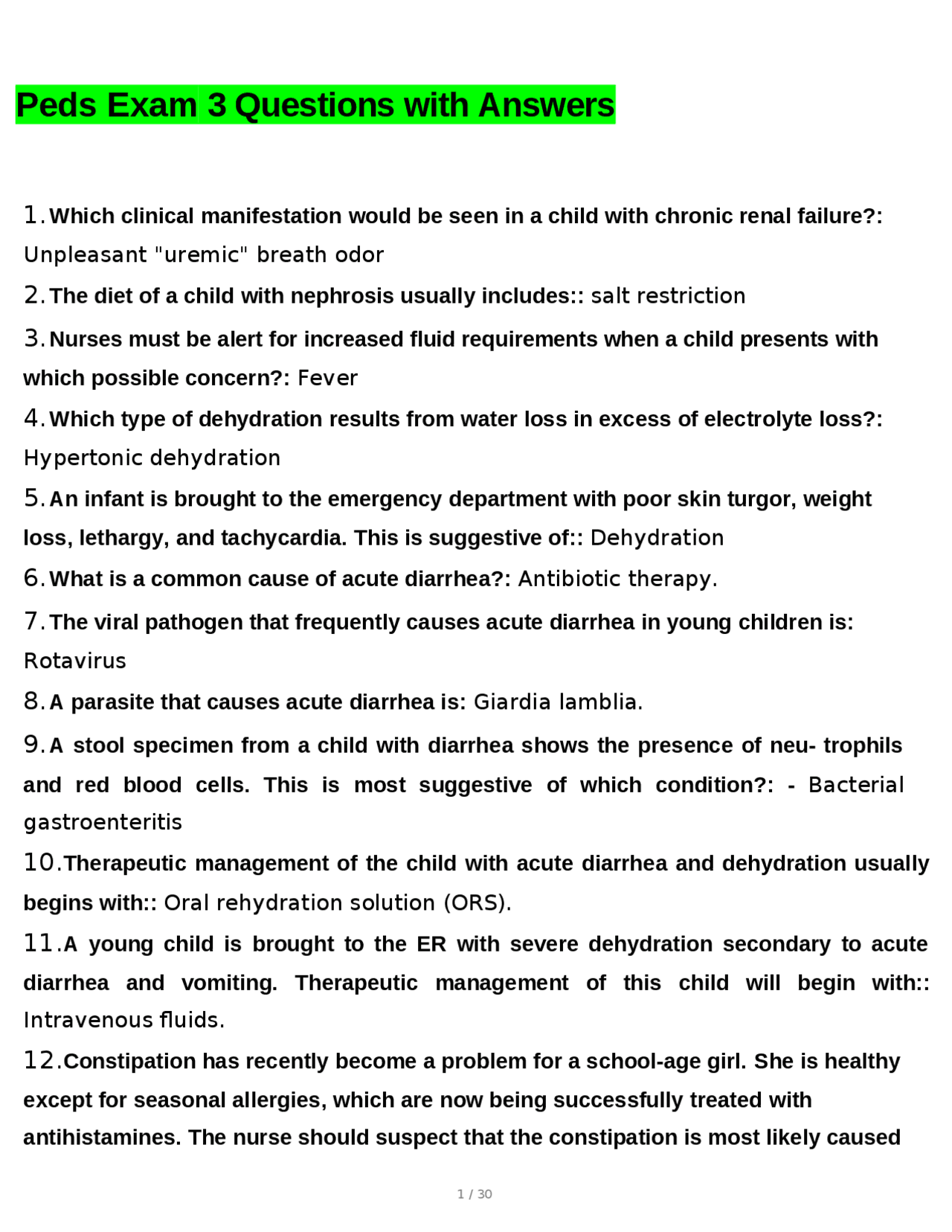 Peds Exam 3 Questions with Answers | Exams Pediatrics | Docsity