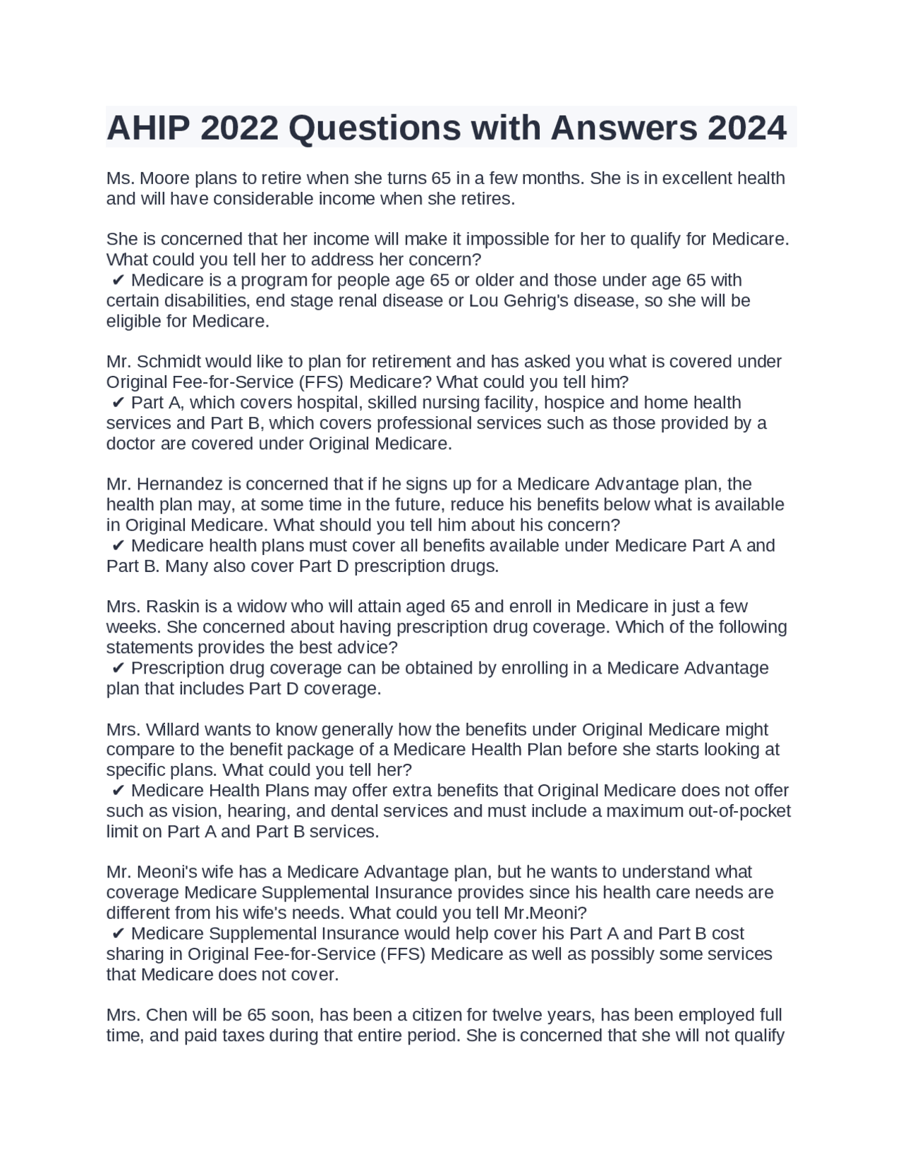 AHIP 2022 Questions with Answers 2024 | Exams Law | Docsity