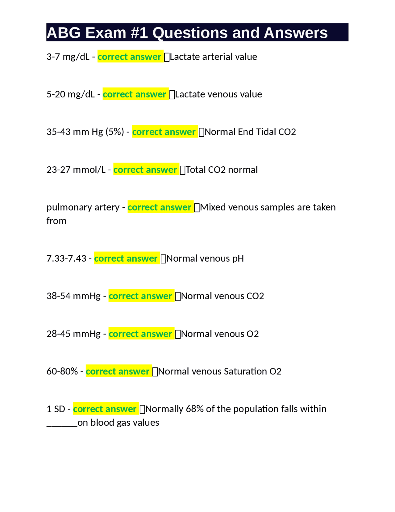 ABG Exam #1 Questions and Answers | Exams Medicine | Docsity