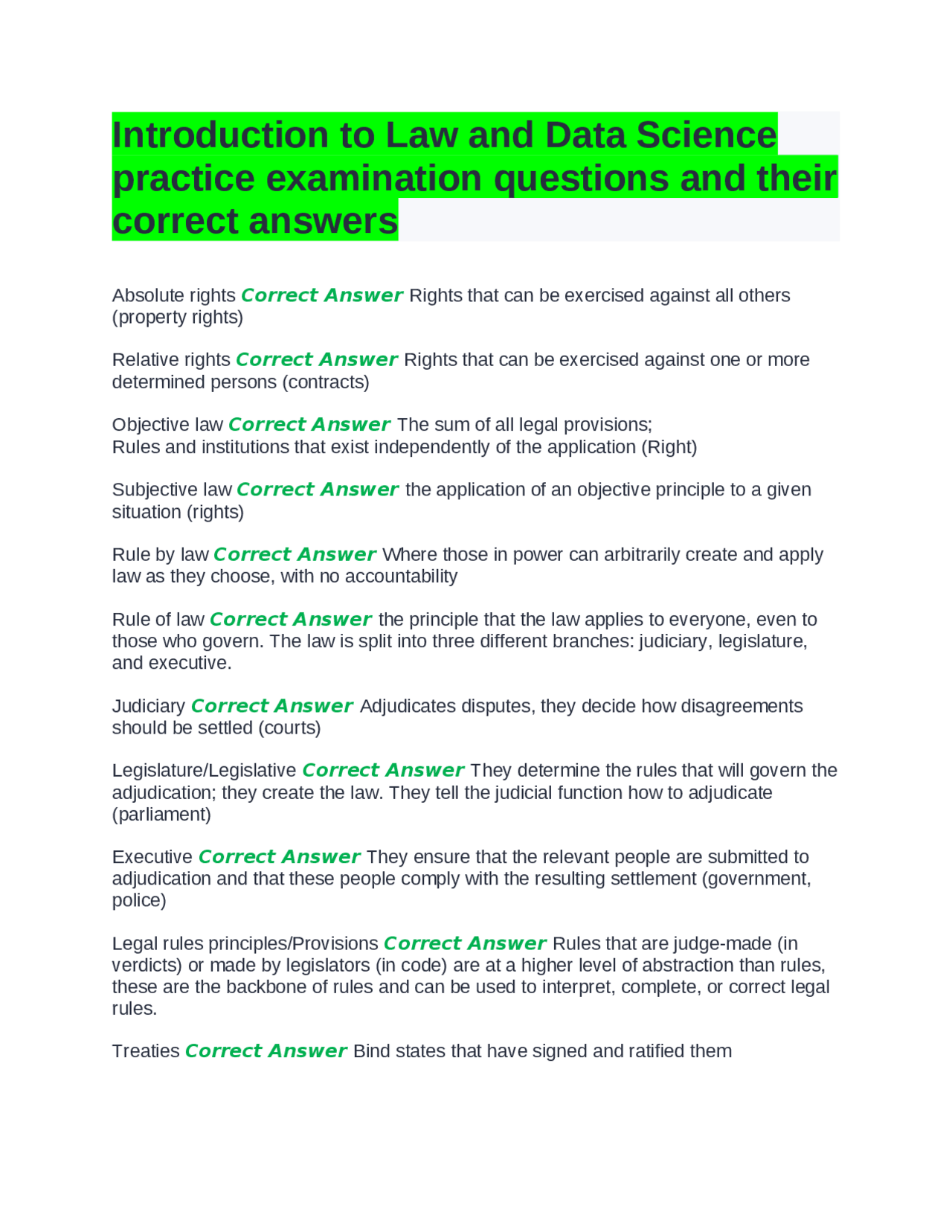 Introduction to Law and Data Science practice examination questions and their correct answ ...