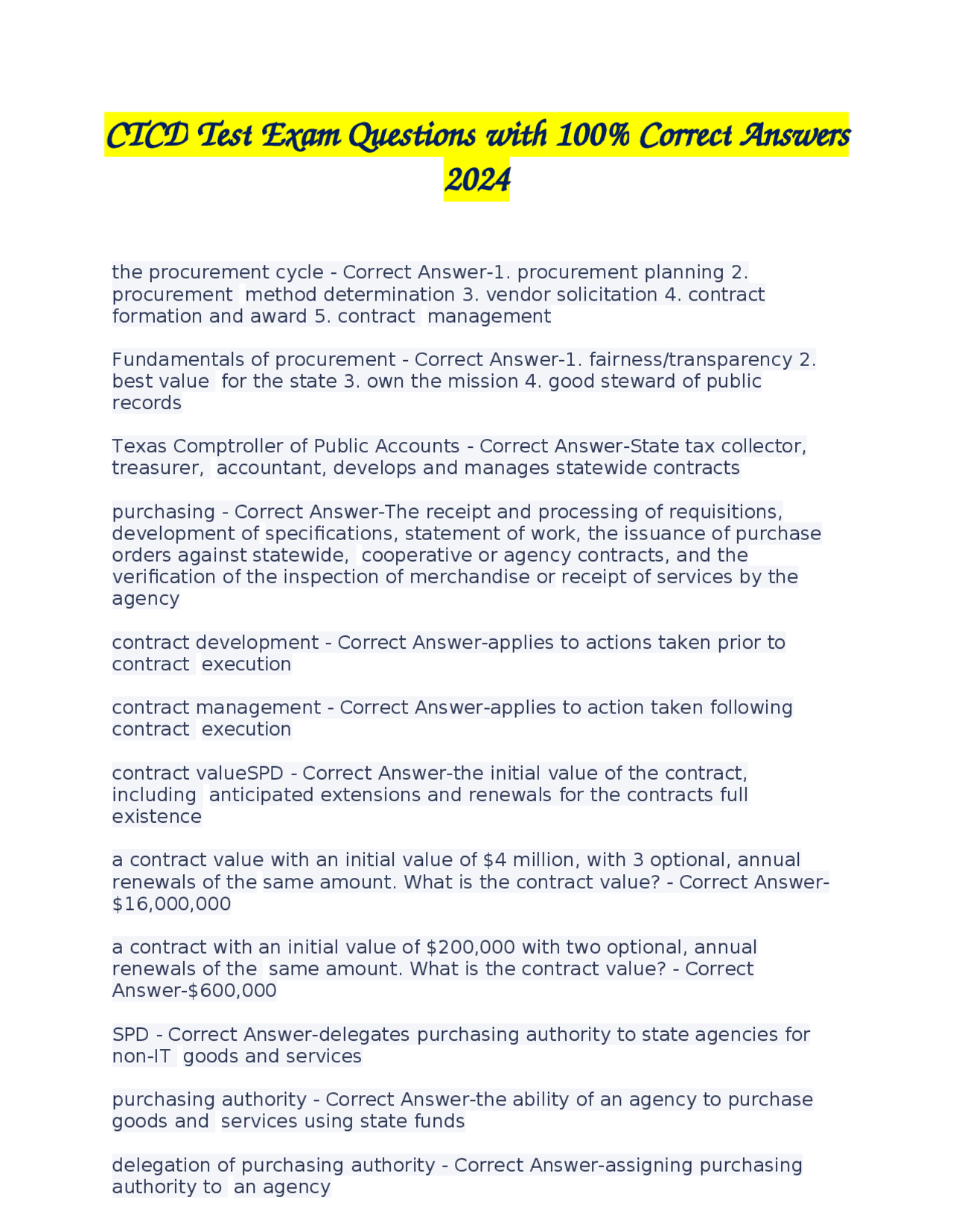 CTCD Test Exam Questions with 100% Correct Answers 2024 | Exams ...