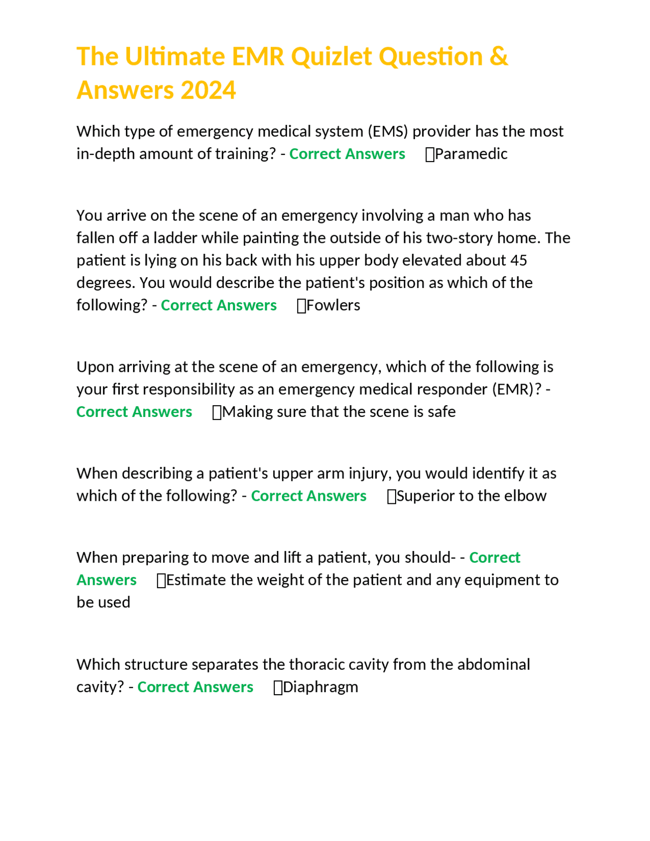 The Ultimate EMR Quizlet Question & Answers 2024 | Exams Nursing | Docsity