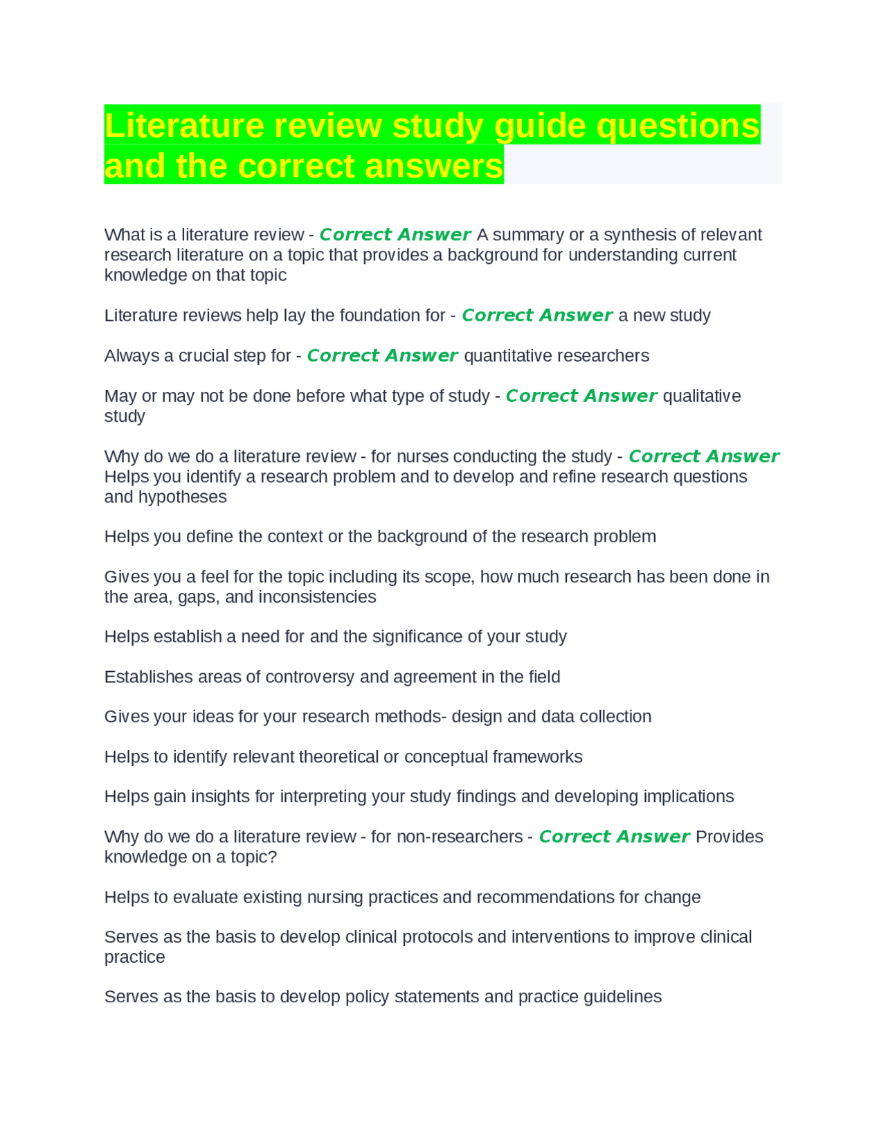 Literature review study guide questions and the correct answers | Exams ...