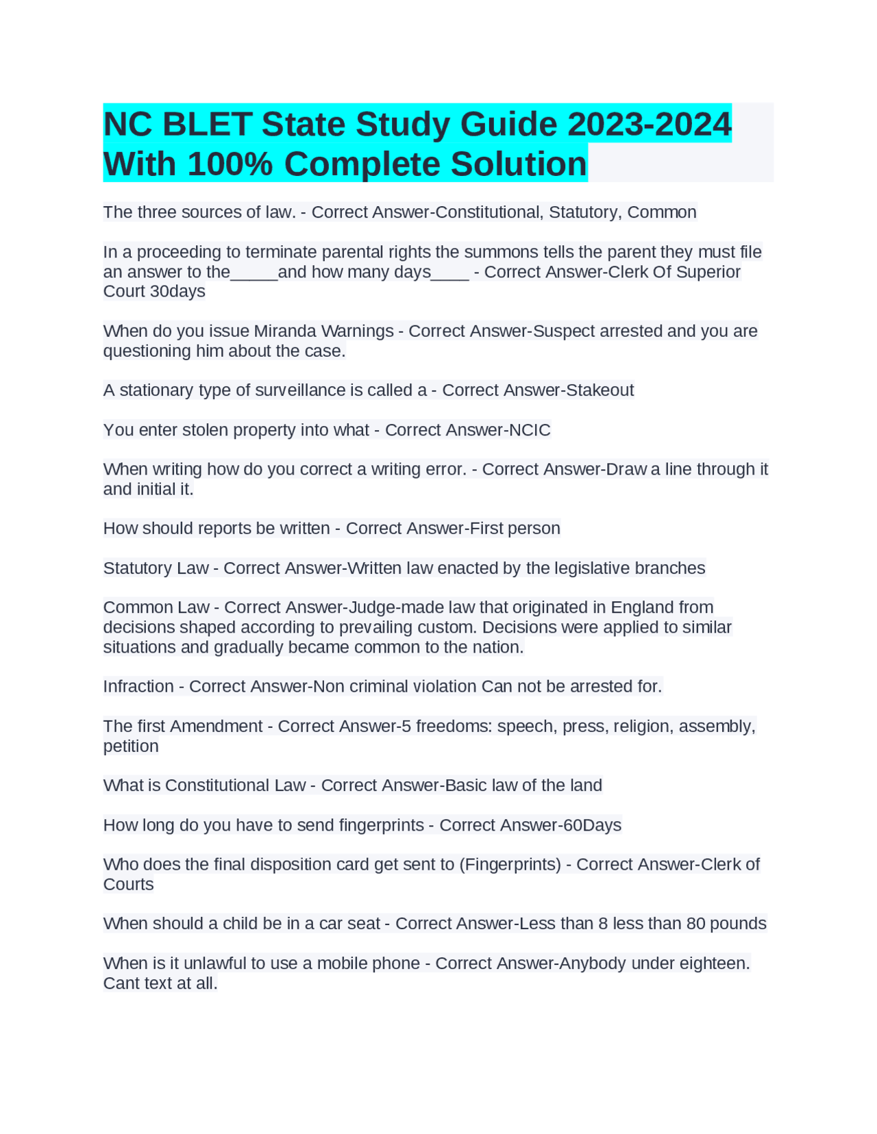 NC BLET State Study Guide 2023-2024 With 100% Complete Solution | Exams ...