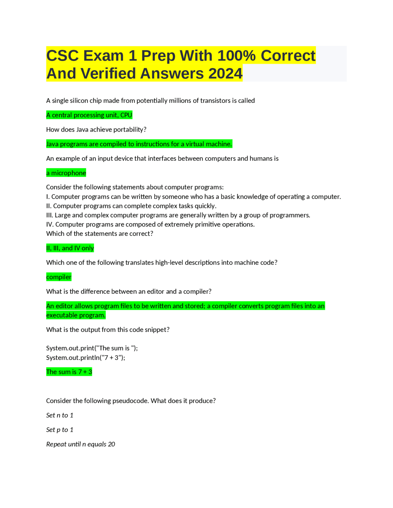 CSC Exam 1 Prep With 100% Correct And Verified Answers 2024 | Exams ...