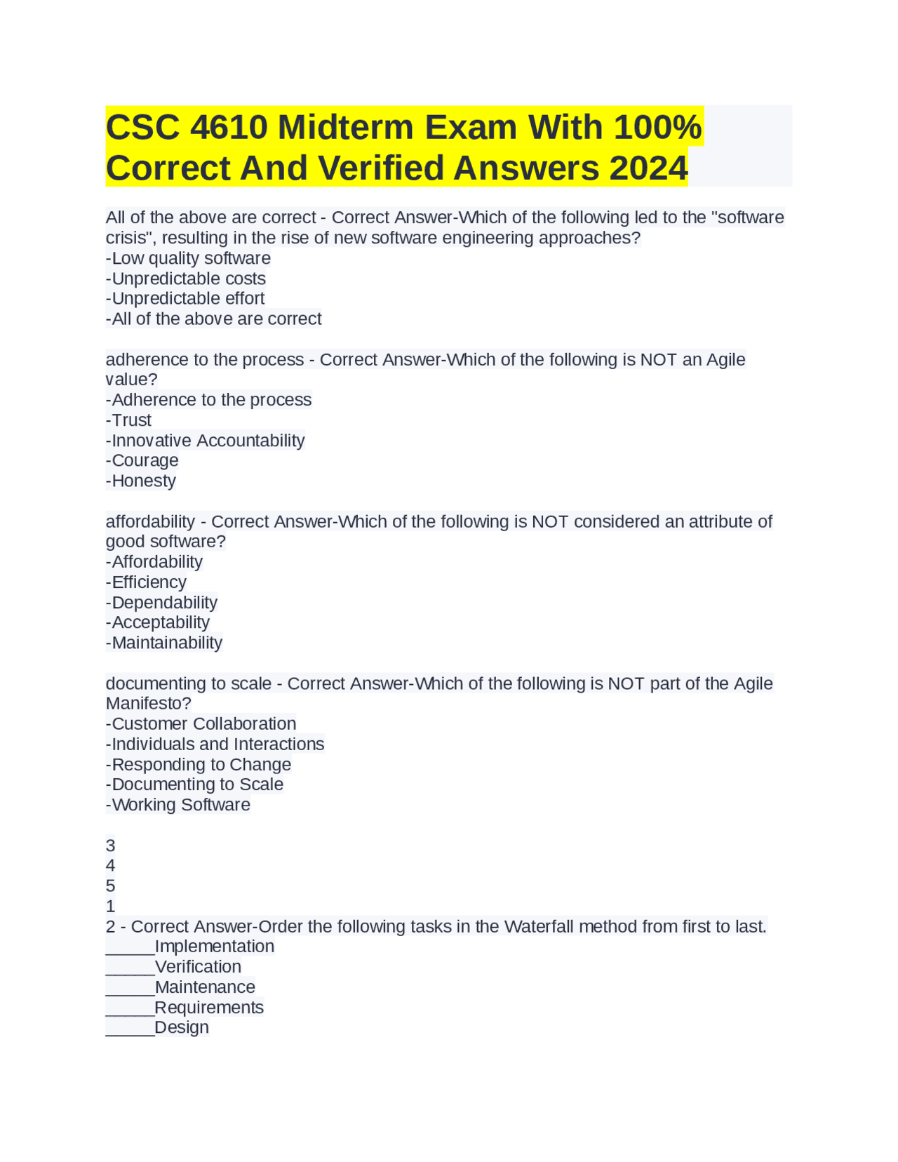 CSC 4610 Midterm Exam With 100% Correct And Verified Answers 2024 | Exams Advanced Education ...