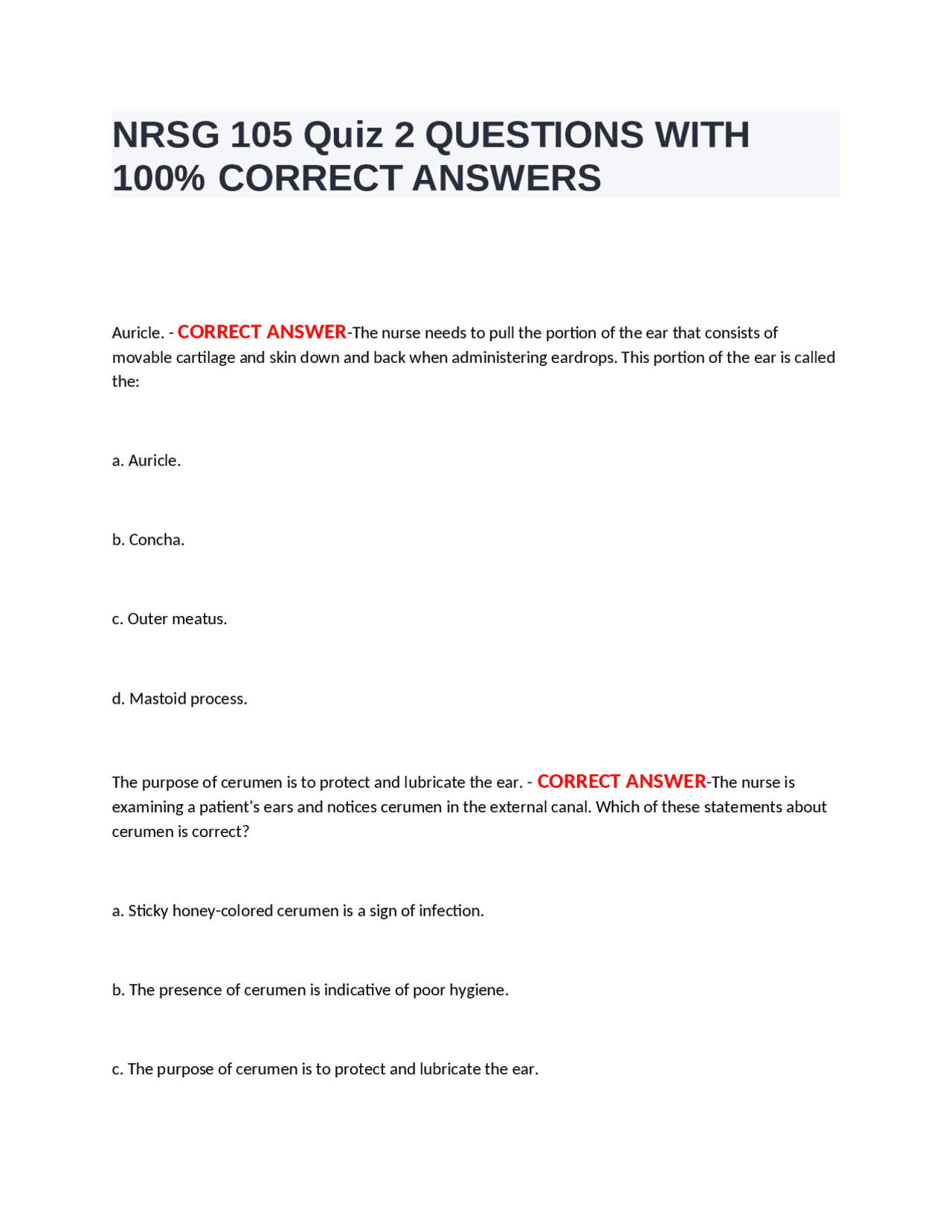 NRSG 105 Quiz 2 QUESTIONS WITH 100% CORRECT ANSWERS | Exams Nursing | Docsity