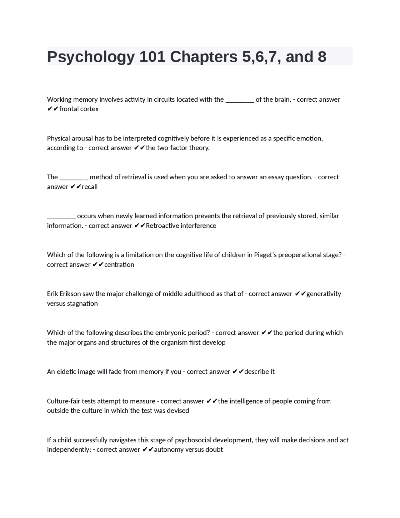 Psychology 101 Chapters 5,6,7, and 8 with complete solutions | Exams ...