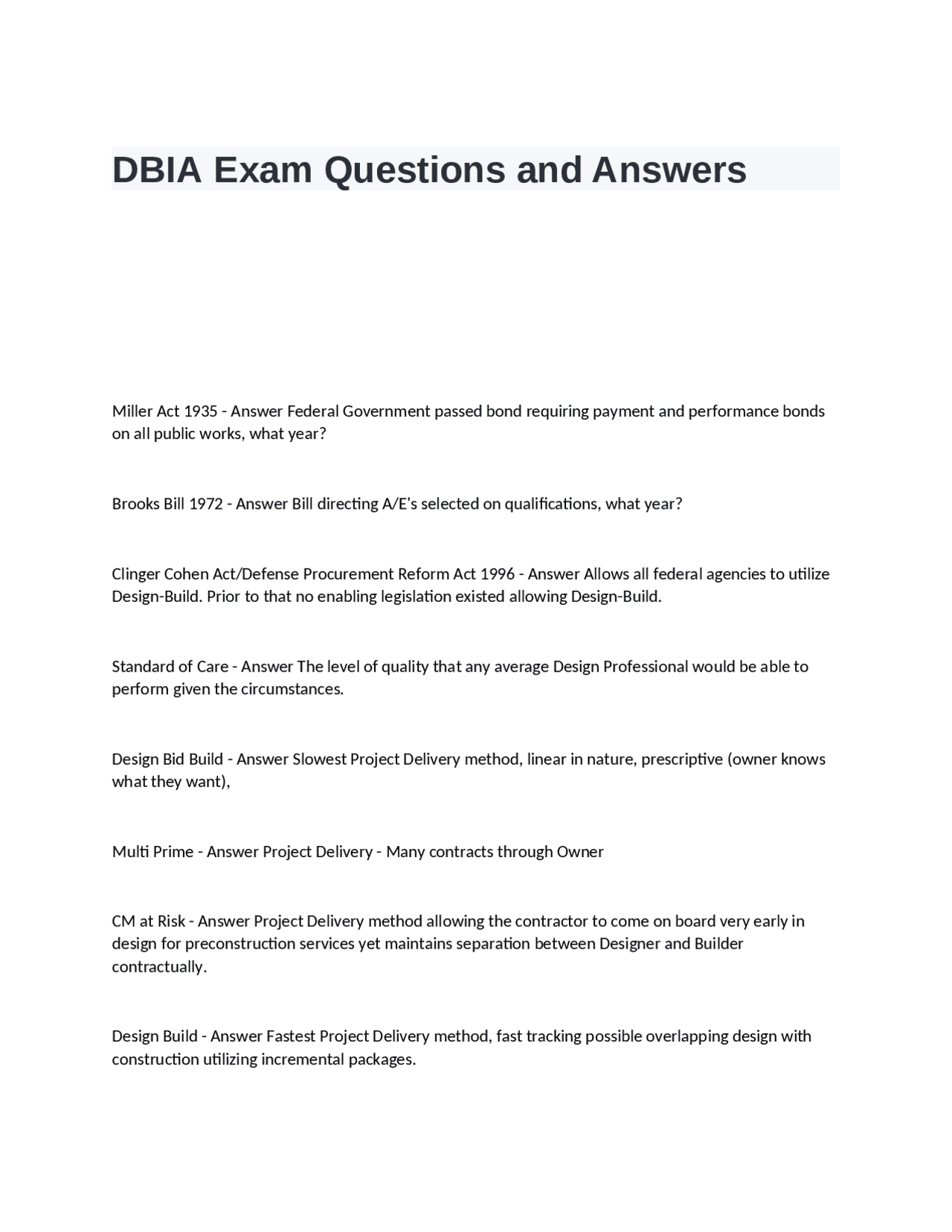 DBIA Exam Questions and Answers | Exams Nursing | Docsity