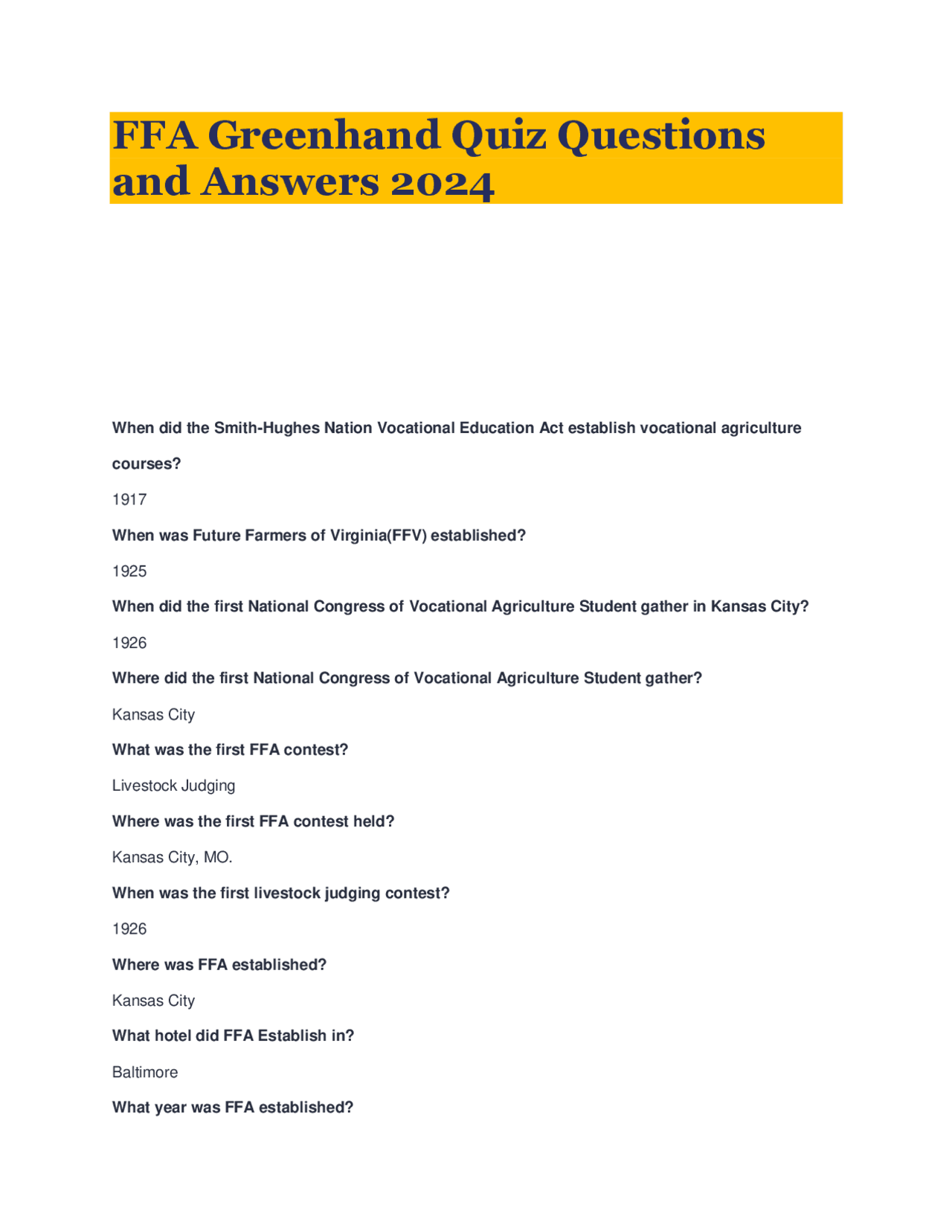 FFA Greenhand Quiz Questions and Answers 2024 | Exams History | Docsity