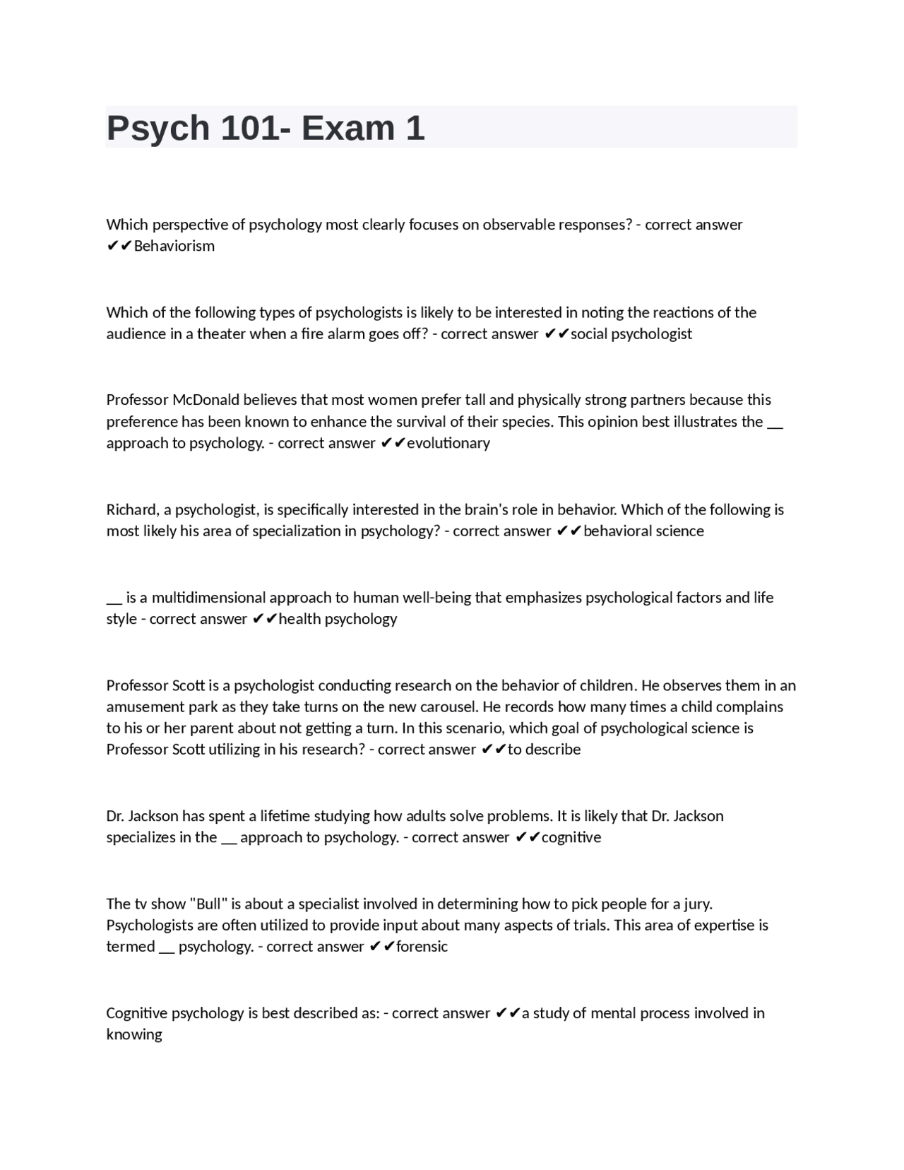 Psych 101- Exam 1 questions with answers graded A+ | Exams Nursing ...