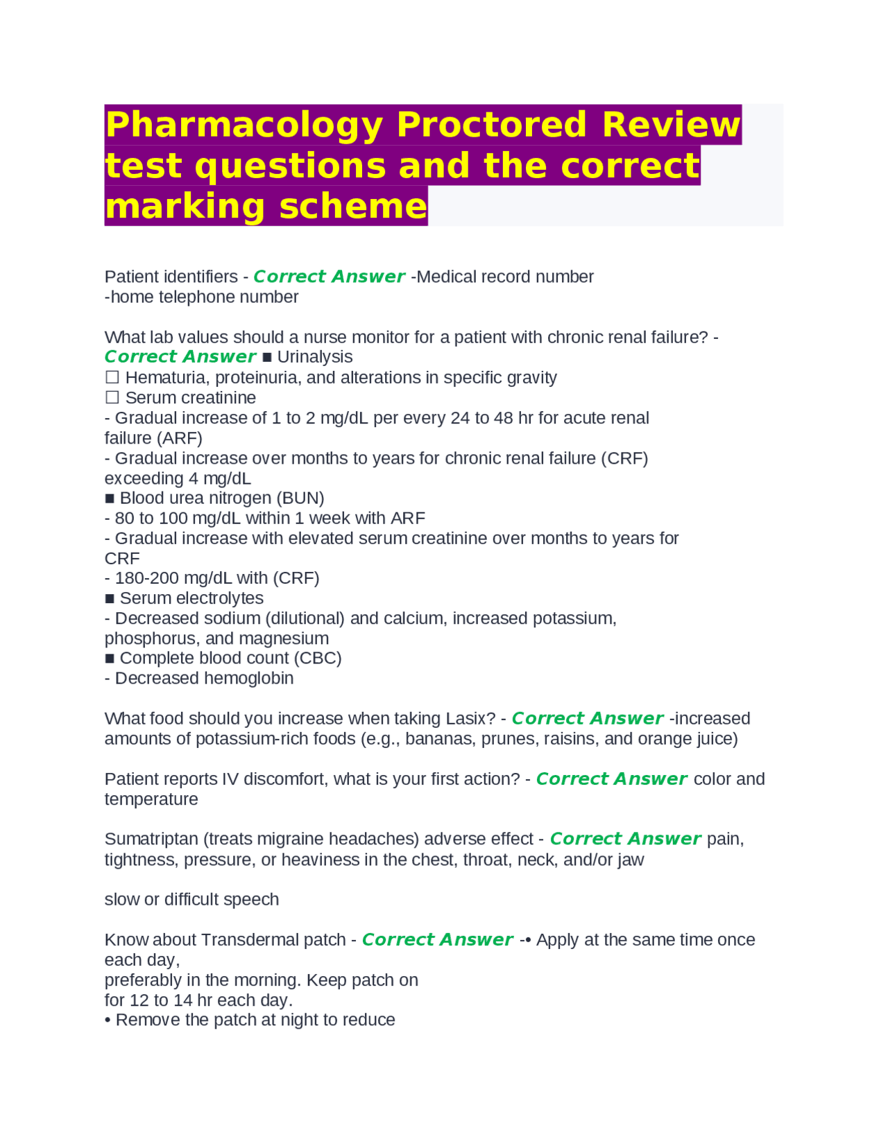 Pharmacology Proctored Review test questions and the correct marking ...