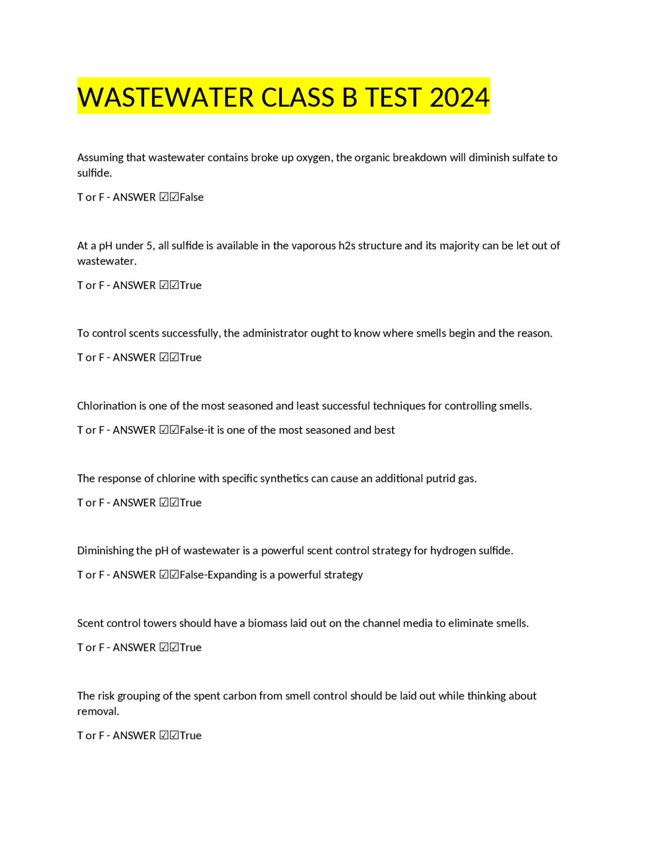 WASTEWATER CLASS B TEST 2024 | Exams Nursing | Docsity