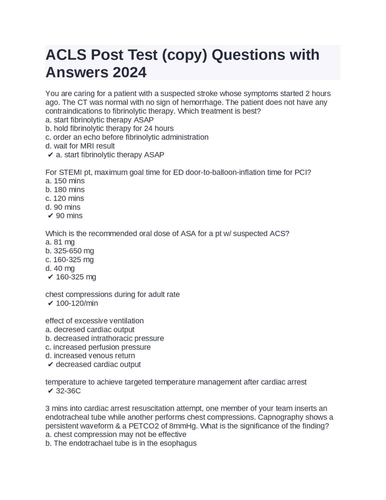 ACLS Post Test (copy) Questions with Answers 2024 | Exams Nursing | Docsity
