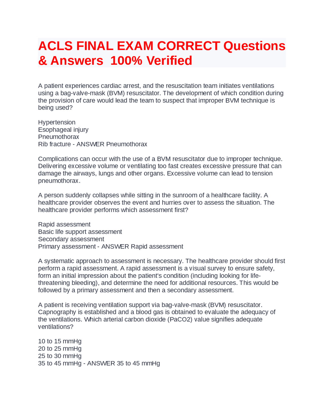 ACLS FINAL EXAM CORRECT Questions & Answers 100% Verified | Exams ...