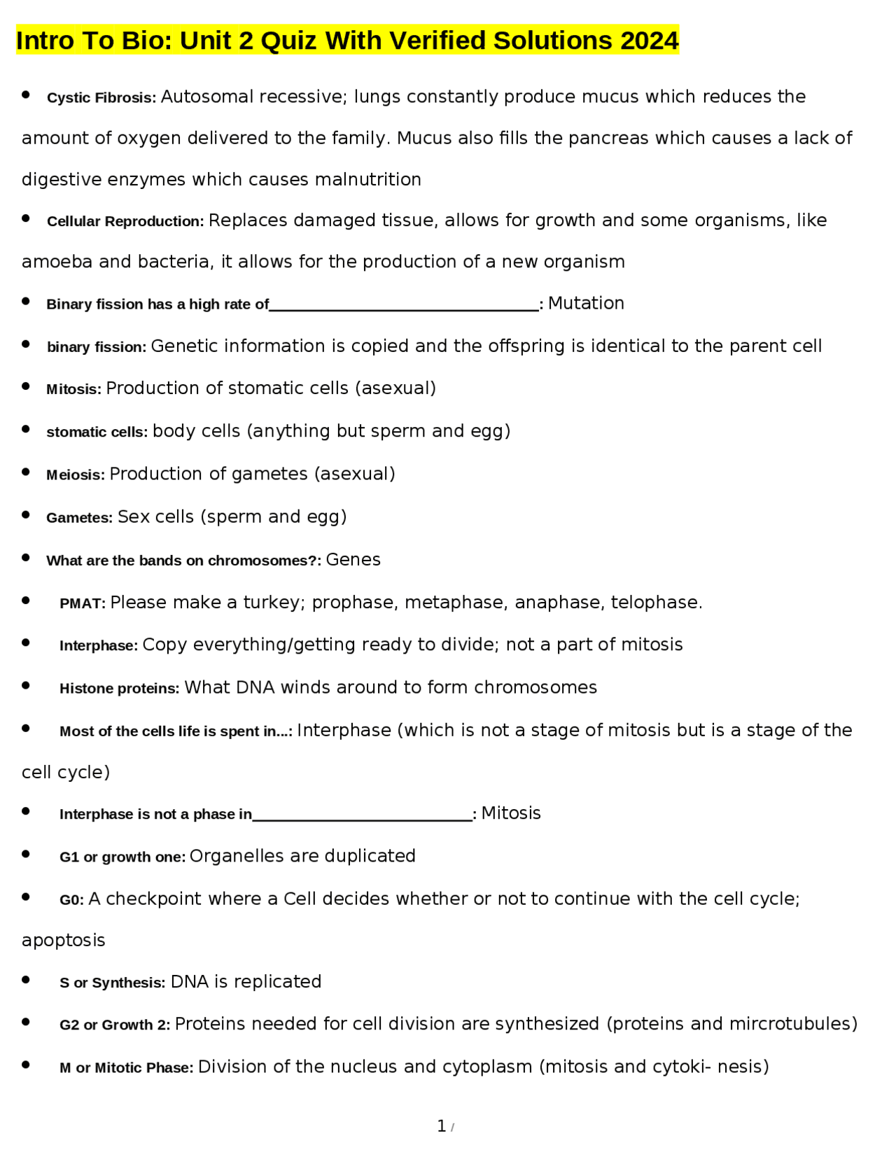 Intro To Bio: Unit 2 Quiz With Verified Solutions 2024 | Exams Biology ...