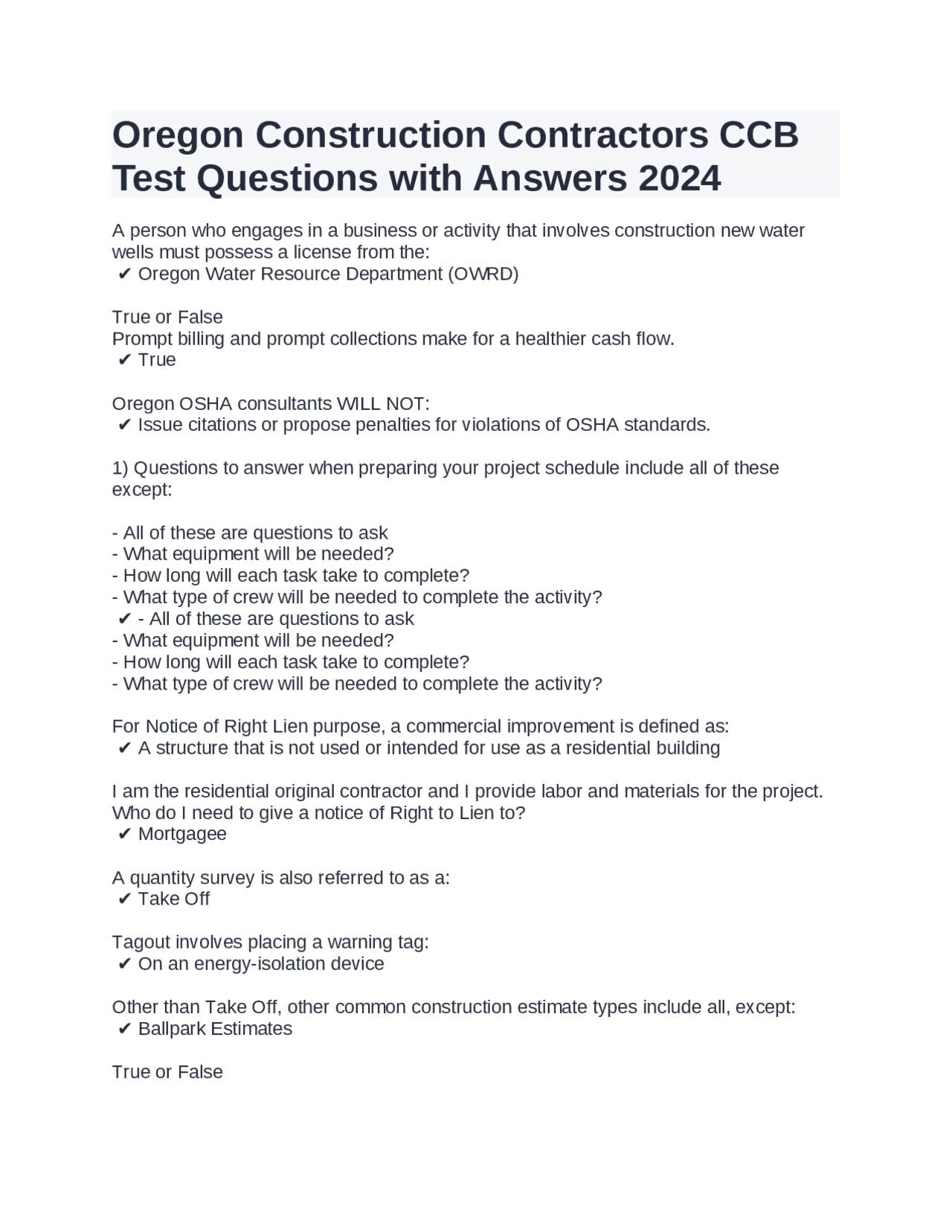 Oregon Construction Contractors CCB Test Questions with Answers 2024 ...