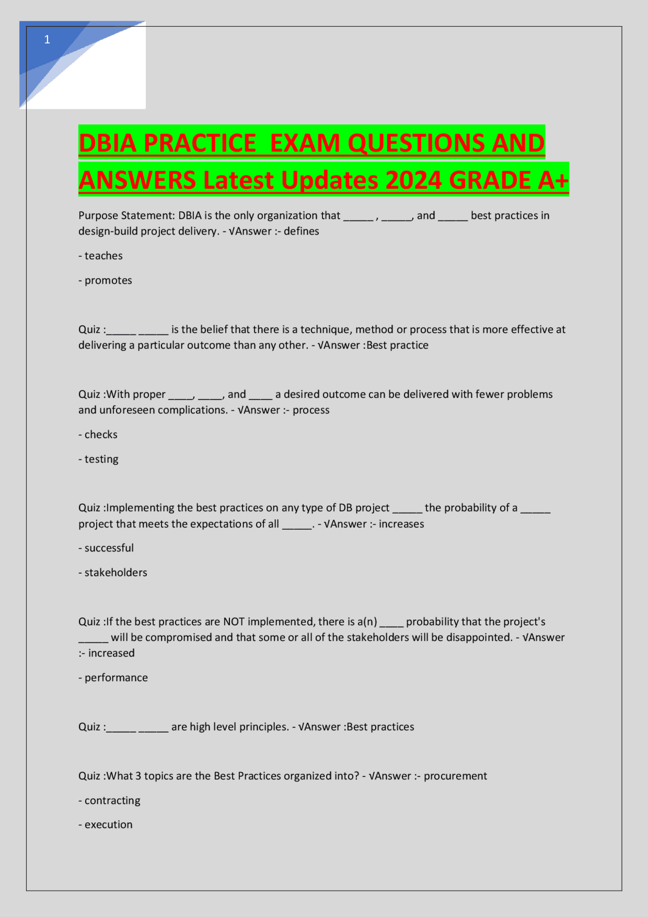 DBIA PRACTICE EXAM QUESTIONS AND ANSWERS Latest Updates 2024 GRADE A+ ...