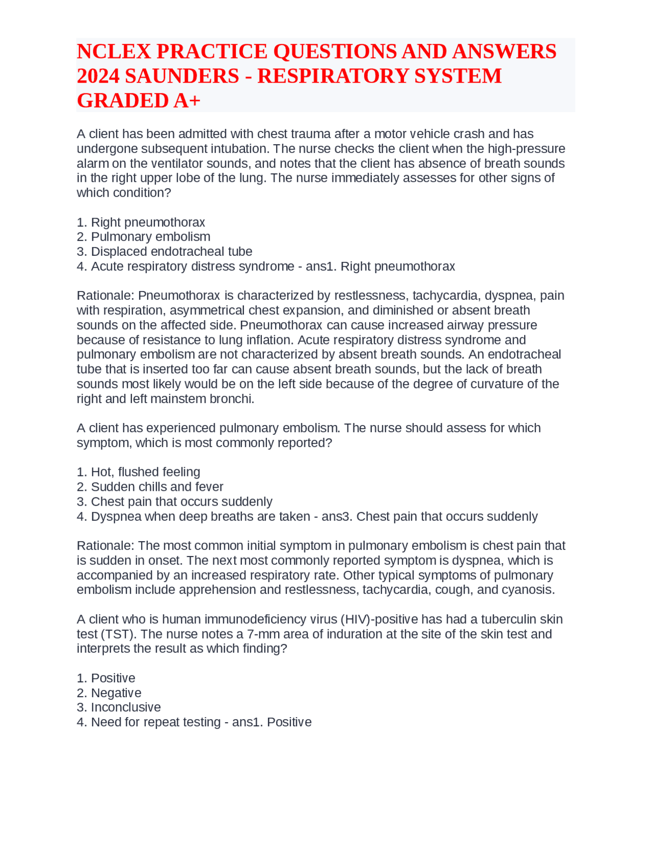 NCLEX PRACTICE QUESTIONS AND ANSWERS 2024 RESPIRATORY SYSTEM GRADED A+ ...